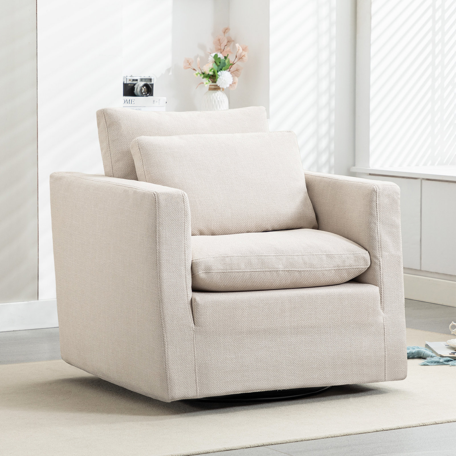 Latitude Run® Down Filling Upholstered Swivel Accent Chair with Pillow ...