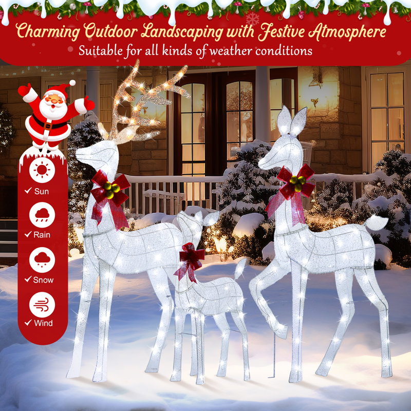 The Holiday Aisle® 3-Piece Light Up 3D White Reindeer Family Outdoor ...
