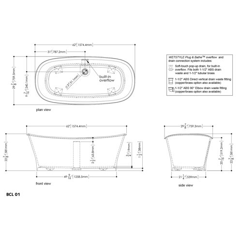Wetstyle Cloud 62" x 29.875" Freestanding Soaking Solid Surface Bathtub ...
