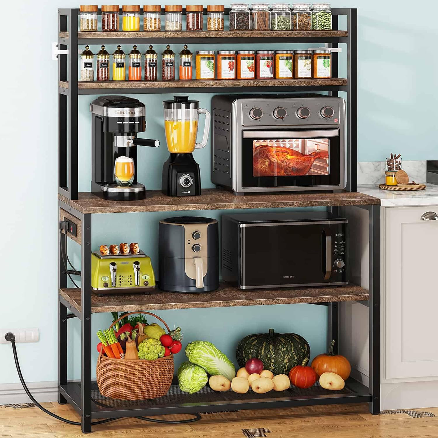 17 Stories 39.4 Inch Wide Large Bakers Rack With Power Outlets, 5-Tier ...