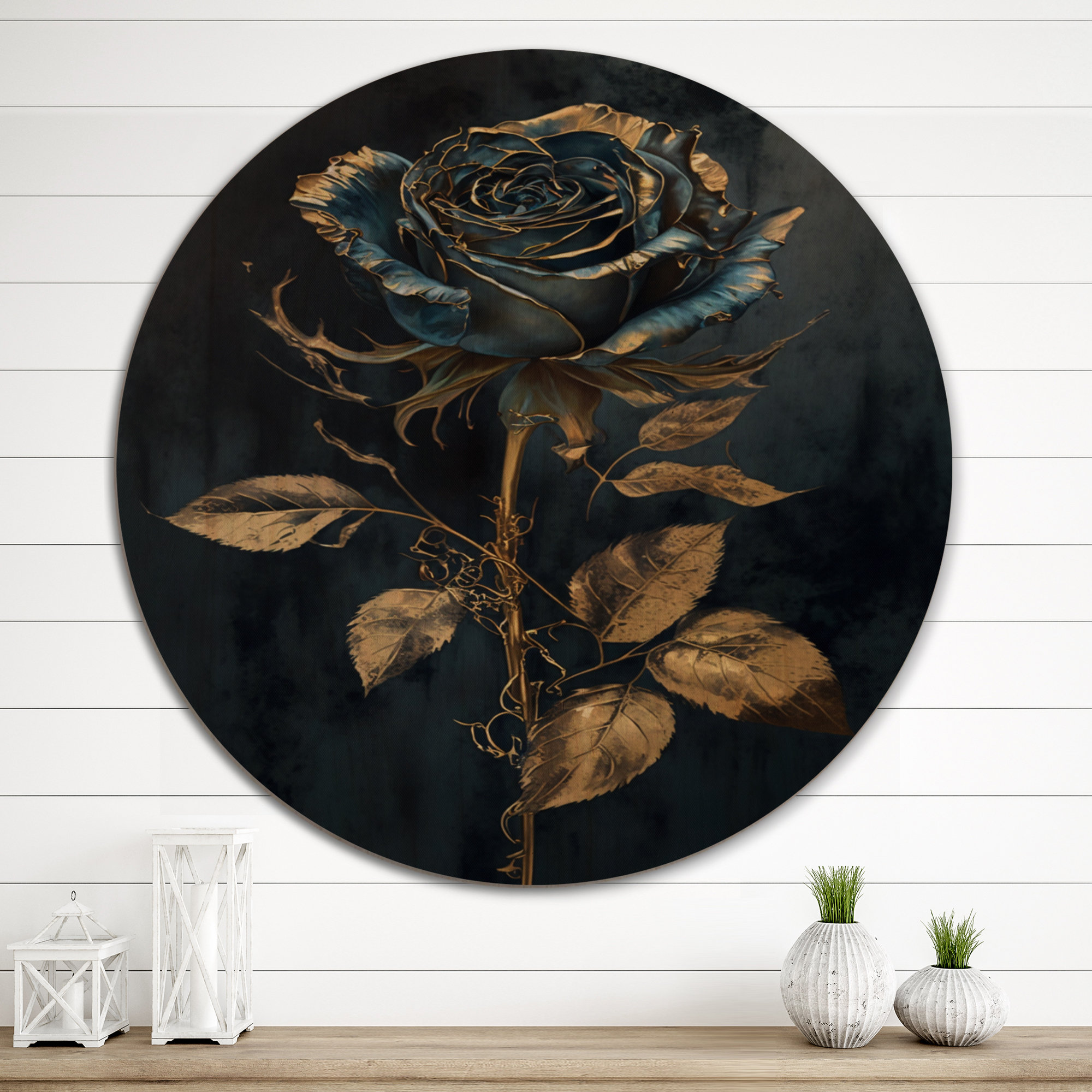 House of Hampton® Golden Rose In Vintage Blue IV - Floral Rose Print on ...