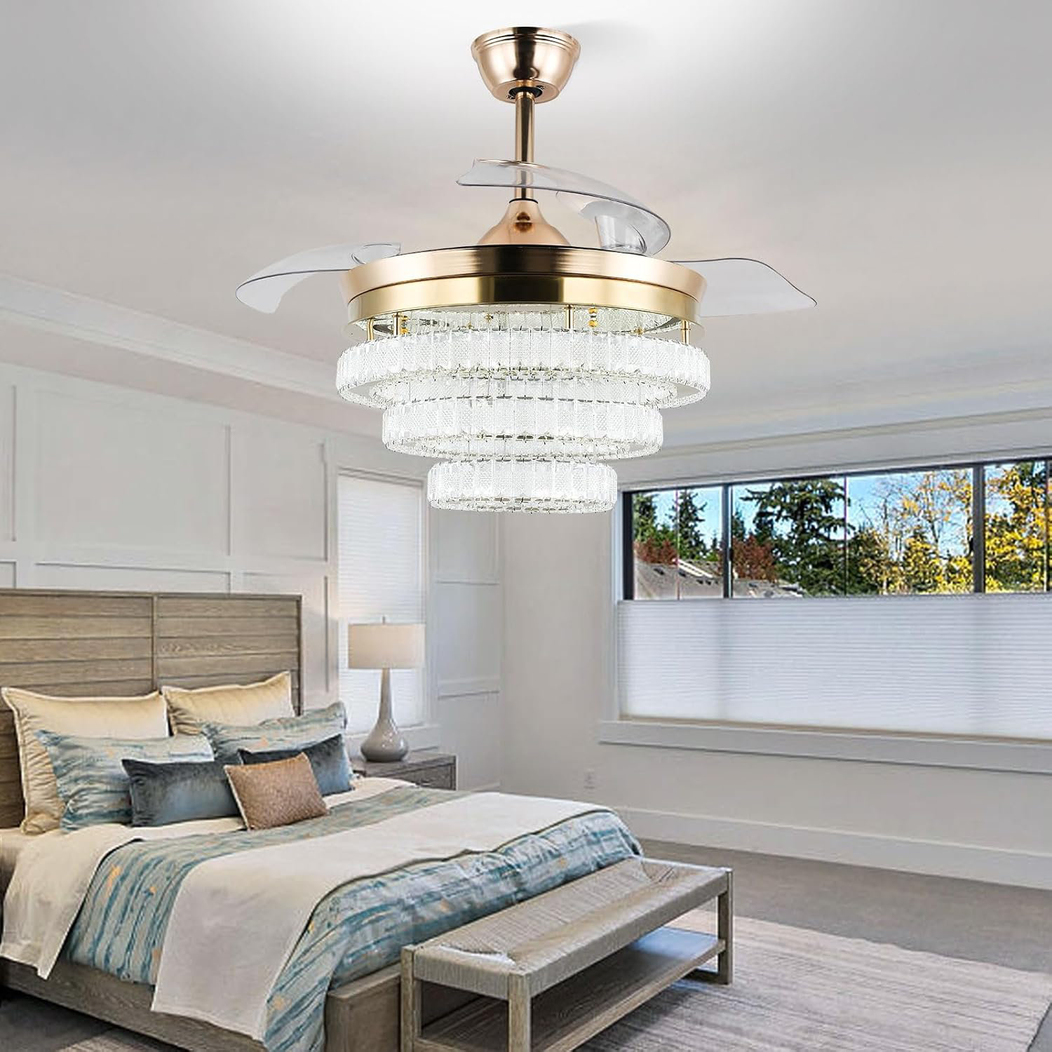 Everly Quinn Gold Modern Crystal Ceiling Fan With Lights Dimmable ...