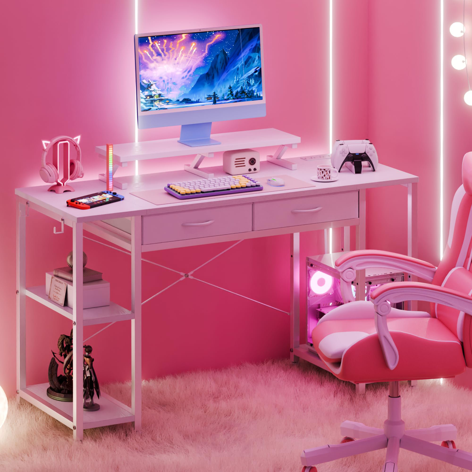 Inbox Zero Metal Base Computer Desk with Drawers and Monitor Stand ...