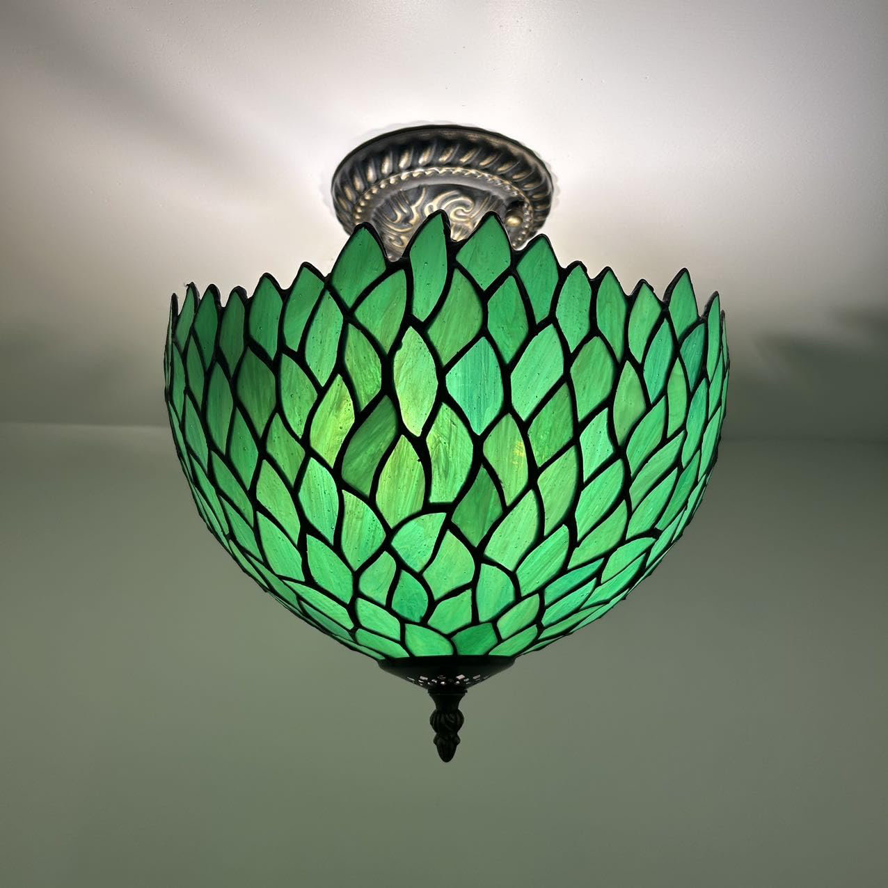 Fleur De Lis Living Tiffany Ceiling Lights Fixture Green Stained Glass ...