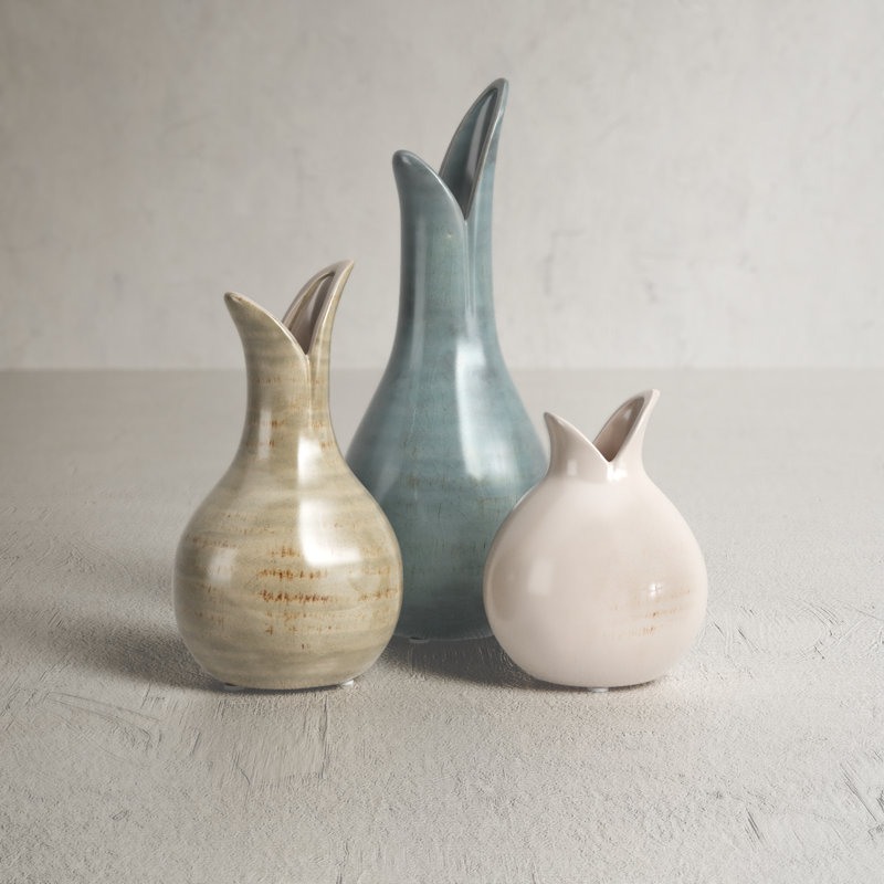 Birch Lane™ Kreger Set of 3 Bud Vases 8"H, 6"H, & 4.25"H in Beige/Blue ...