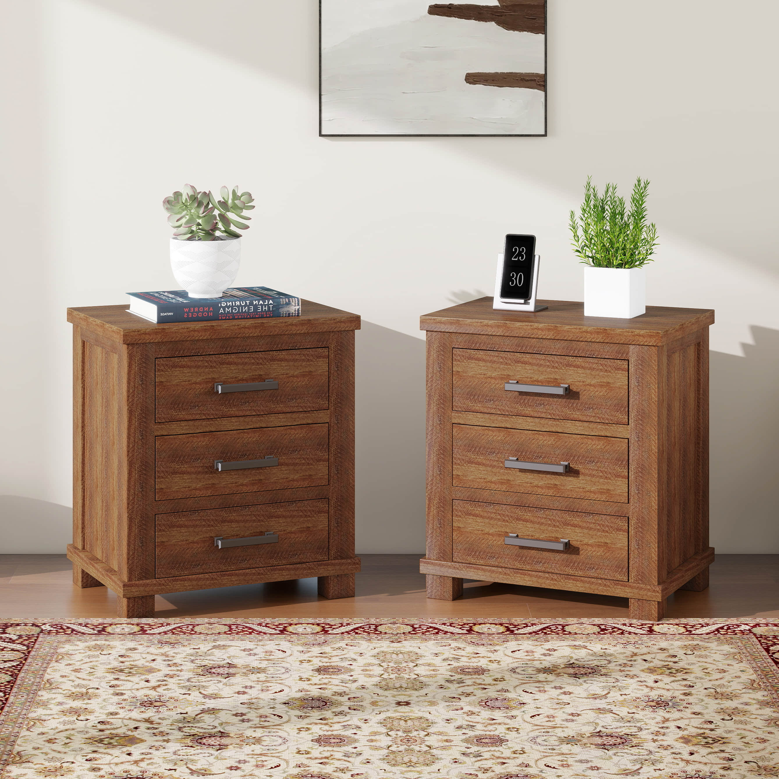 Millwood Pines Wood Nightstands Set Of 2, Bedside Tables 3 Drawer Sofa ...
