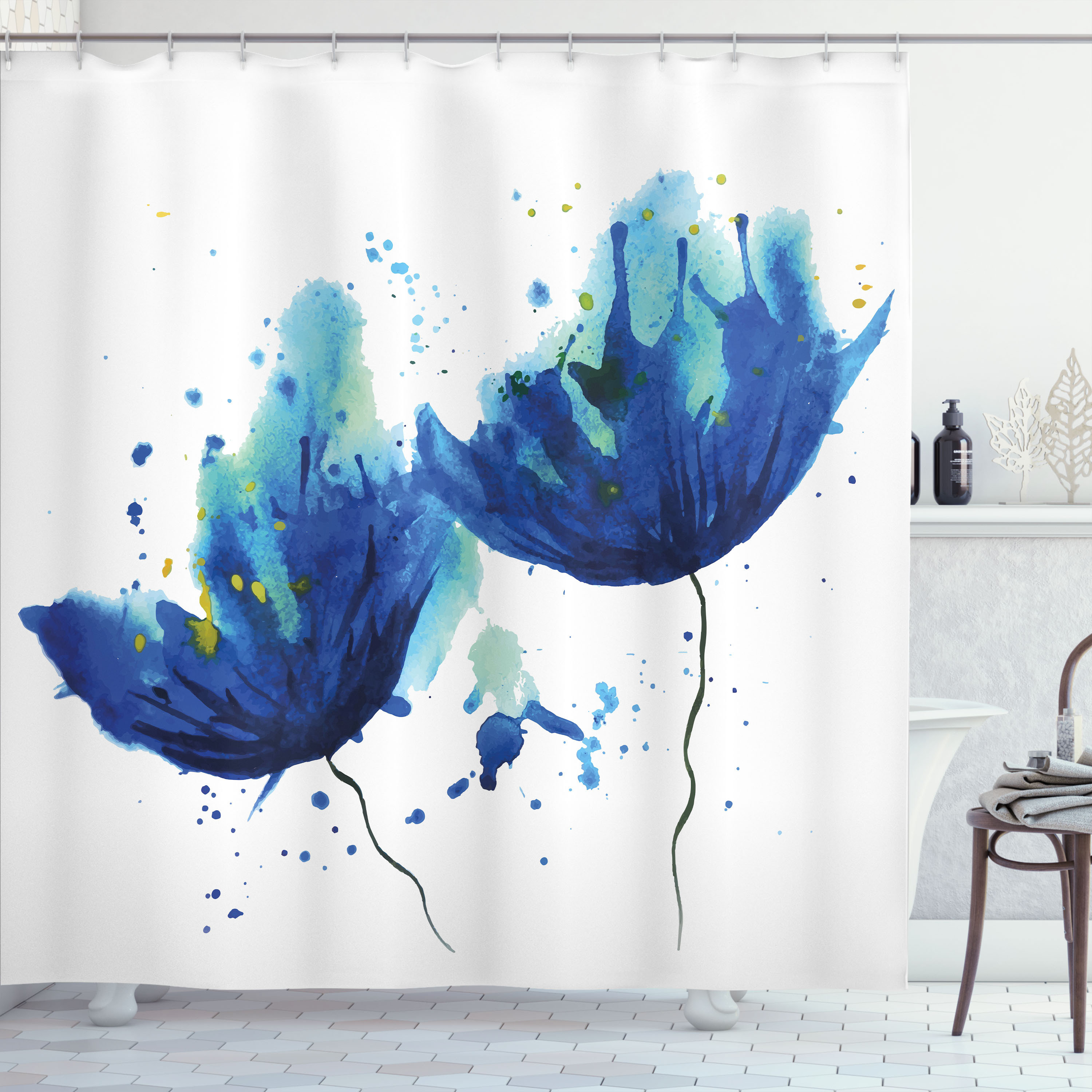 Latitude Run® Blue Shower Curtain Watercolor Modern Floral Art Pale ...