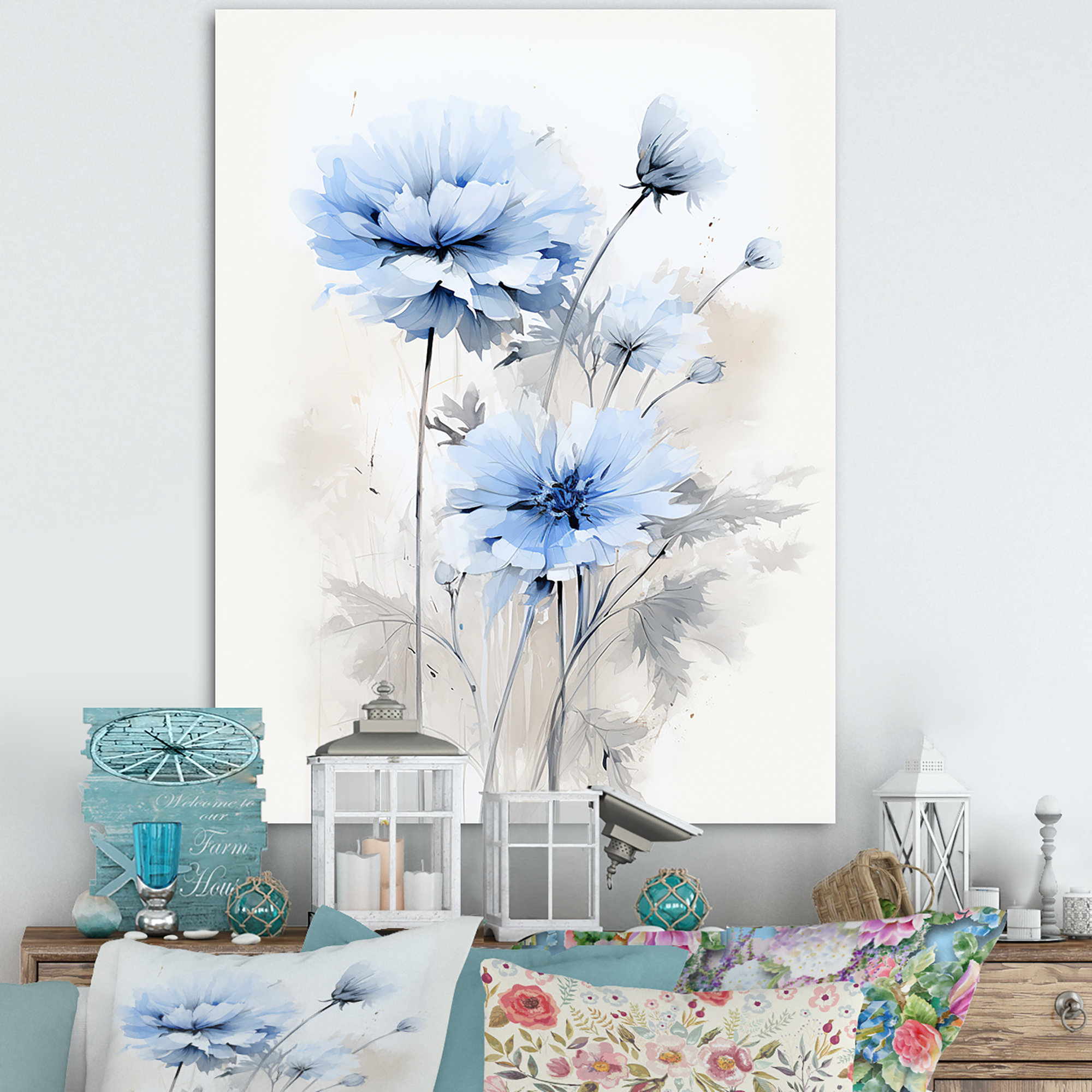 Winston Porter Minimal White And Blue Cornflowers Expression On Canvas ...