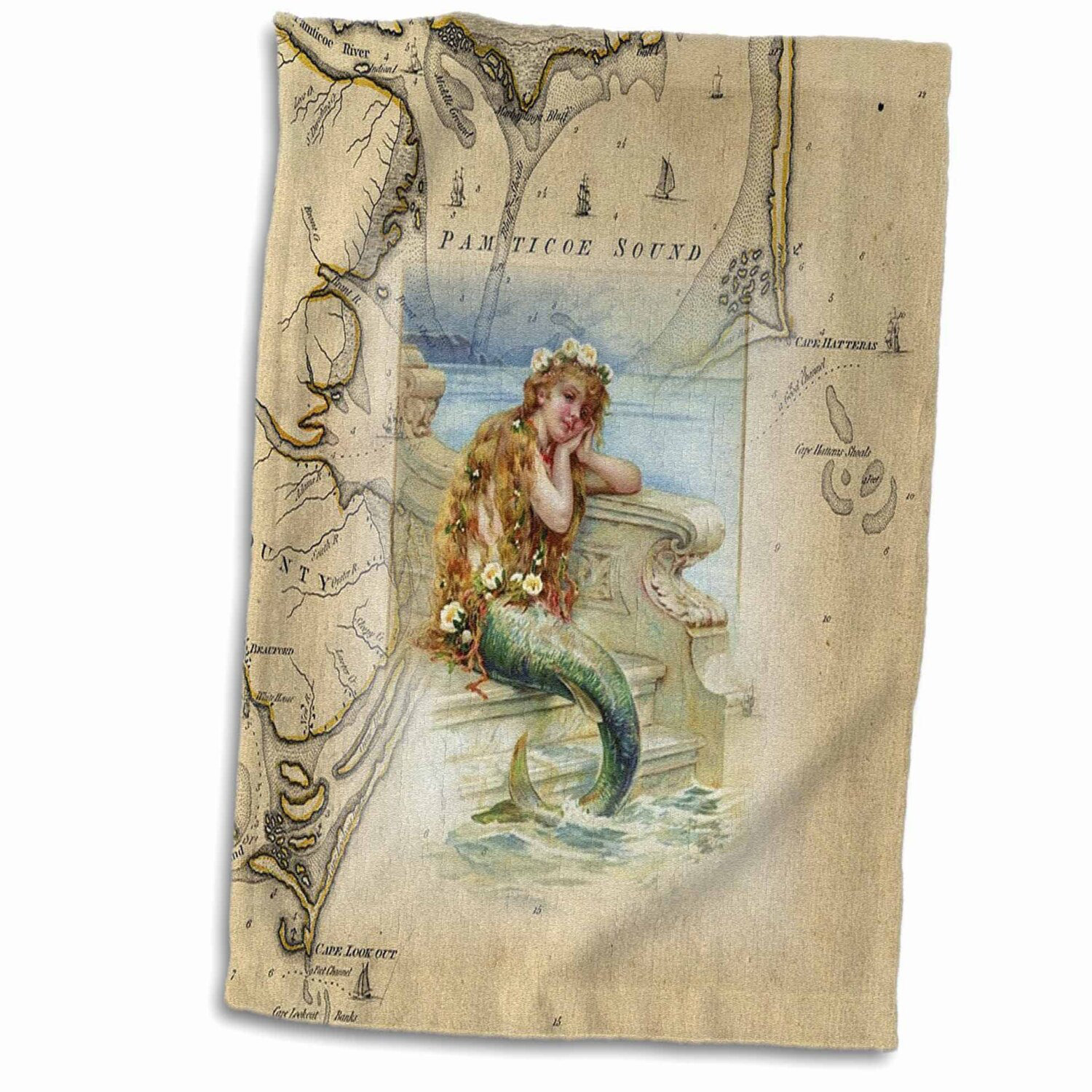 Longshore Tides Vintage Mermaid Map Towel - Outer Banks Edition, 15x22 ...
