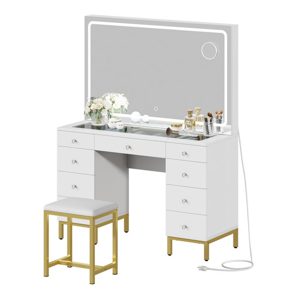 Mercer41 45.2'' Glass Top Vanity Set With LED Light, Power Outlet & 9 ...