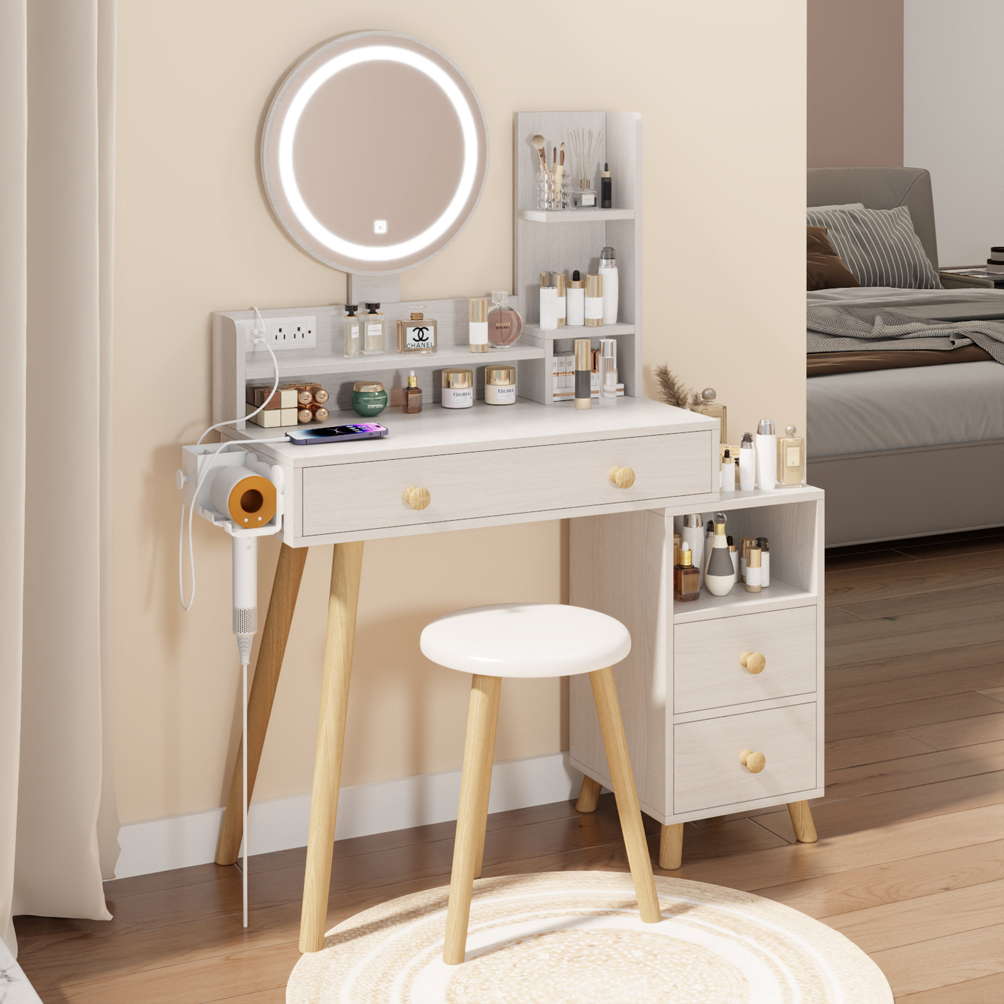 George Oliver Round Mirror Bedside Cabinet Vanity Table + Cushioned ...