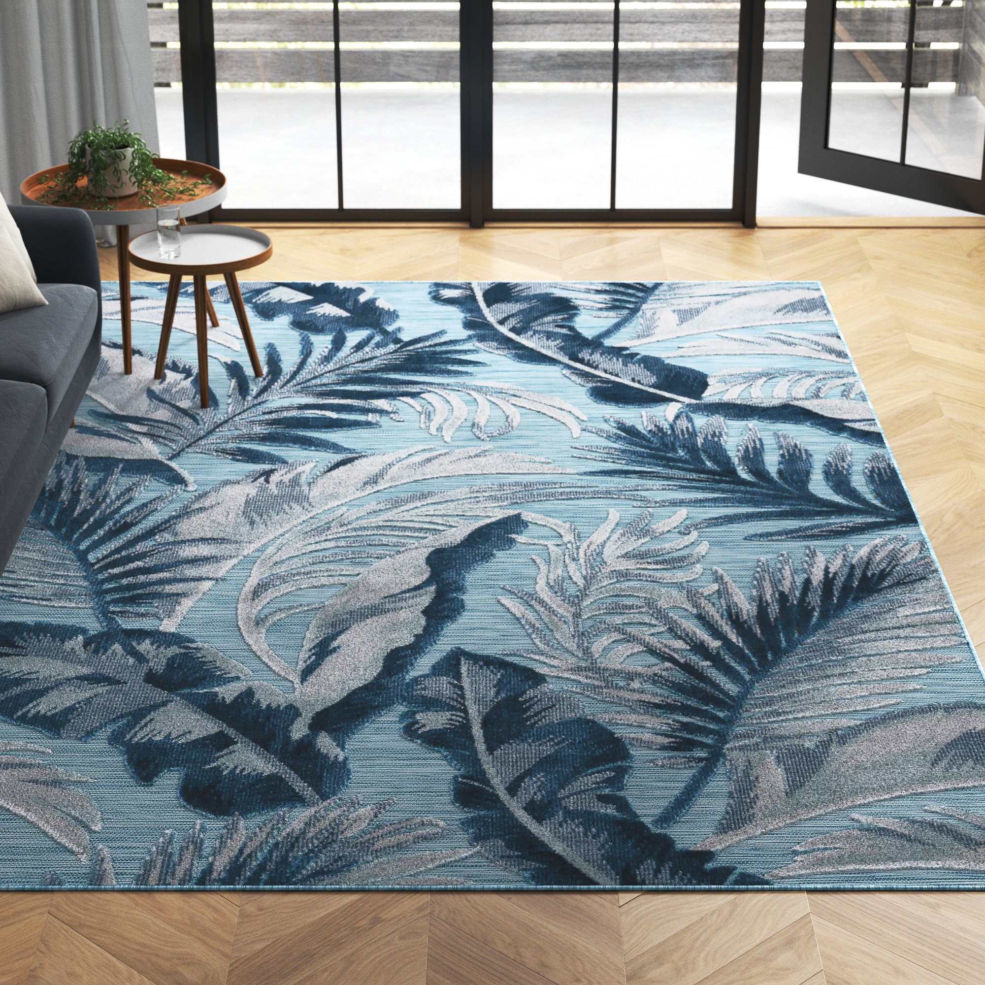 Wade Logan® Abbriella Floral Aqua/Navy Indoor / Outdoor Area Rug ...
