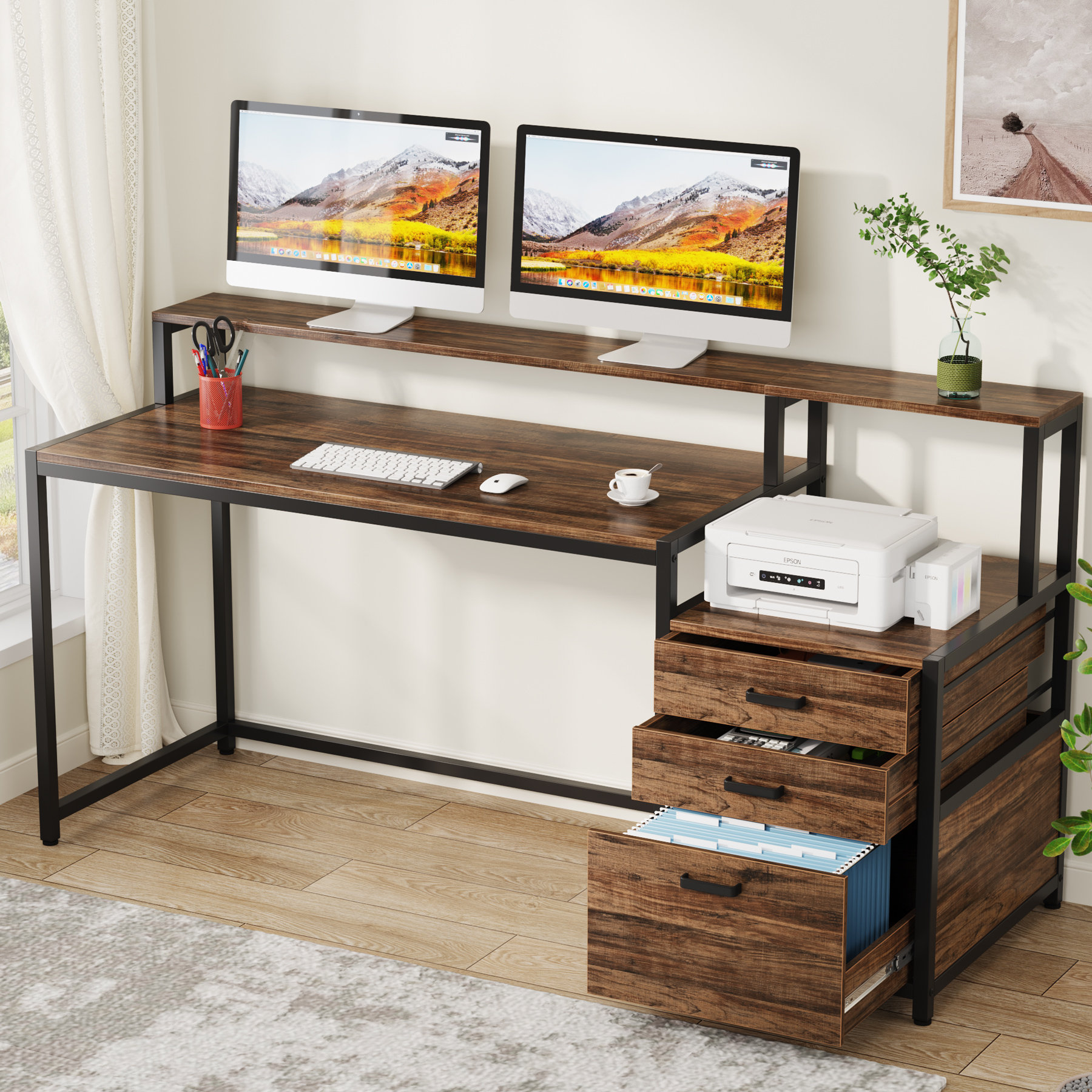 17 Stories Denfield Desk with Hutch, Drawers, Elevated Monitor Riser ...