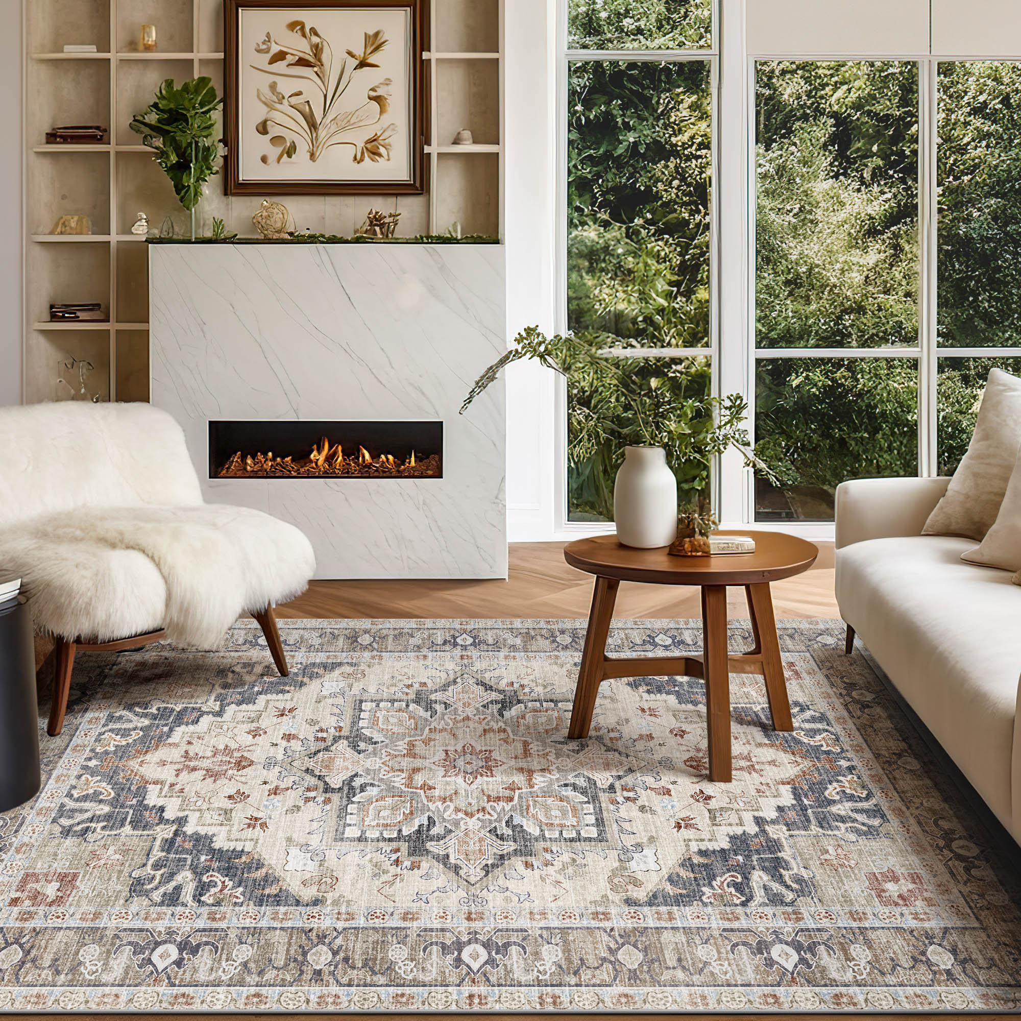 Charlton Home® Washable Area Rugs Boho Floral Living Room Vintage Low ...