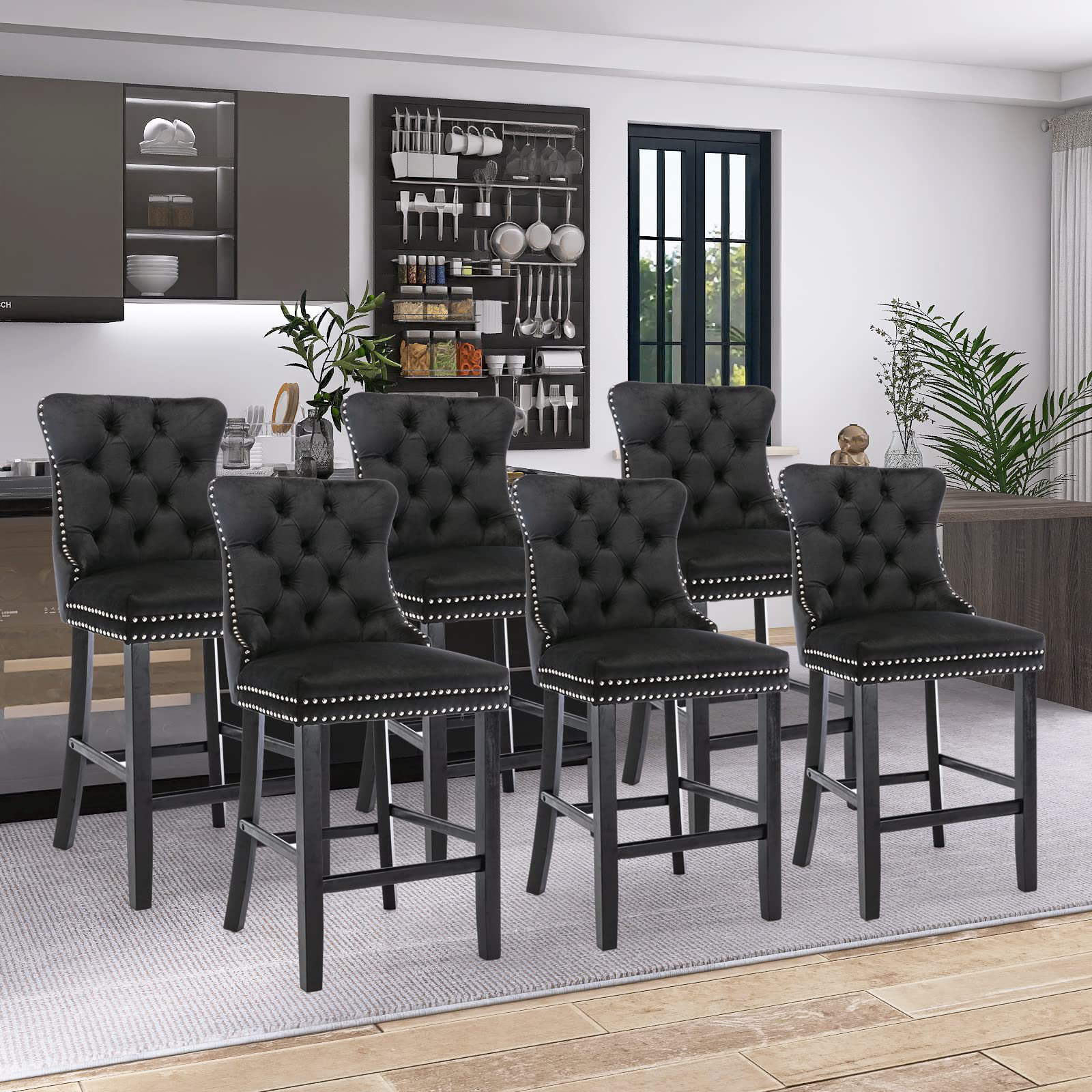 Blu Aired Merch Velvet Upholstered Bar Stool with Button Tufted Back ...