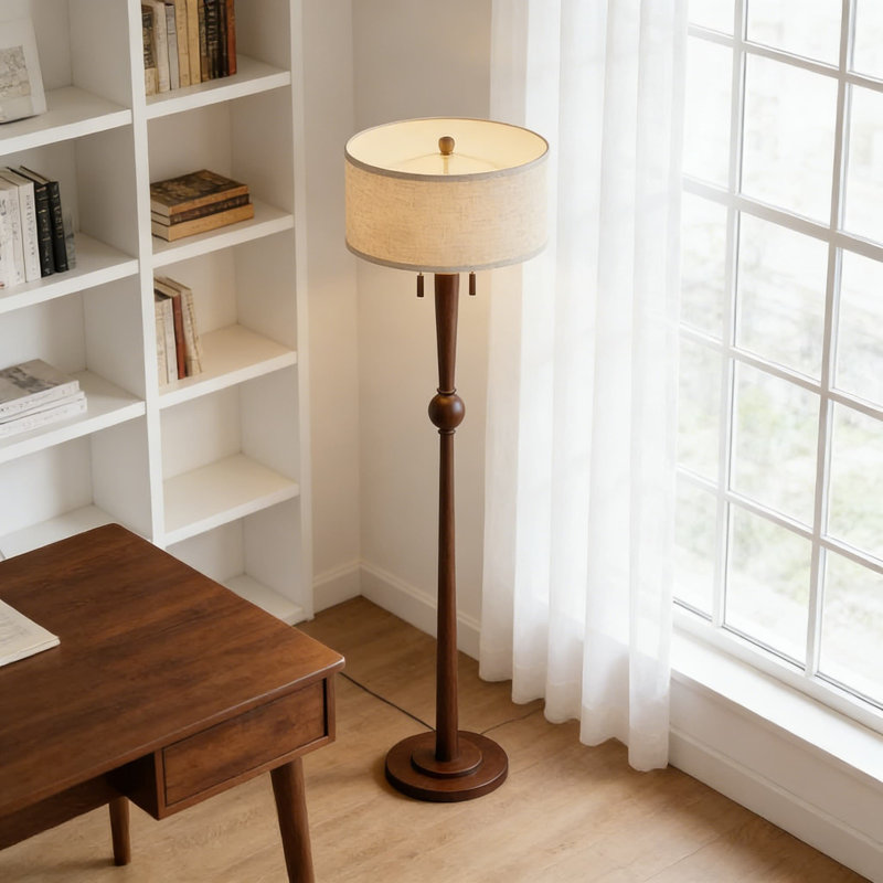 Everly Quinn Solid Oak Wood Floor Lamp With Sculptural Base And 2-Light ...