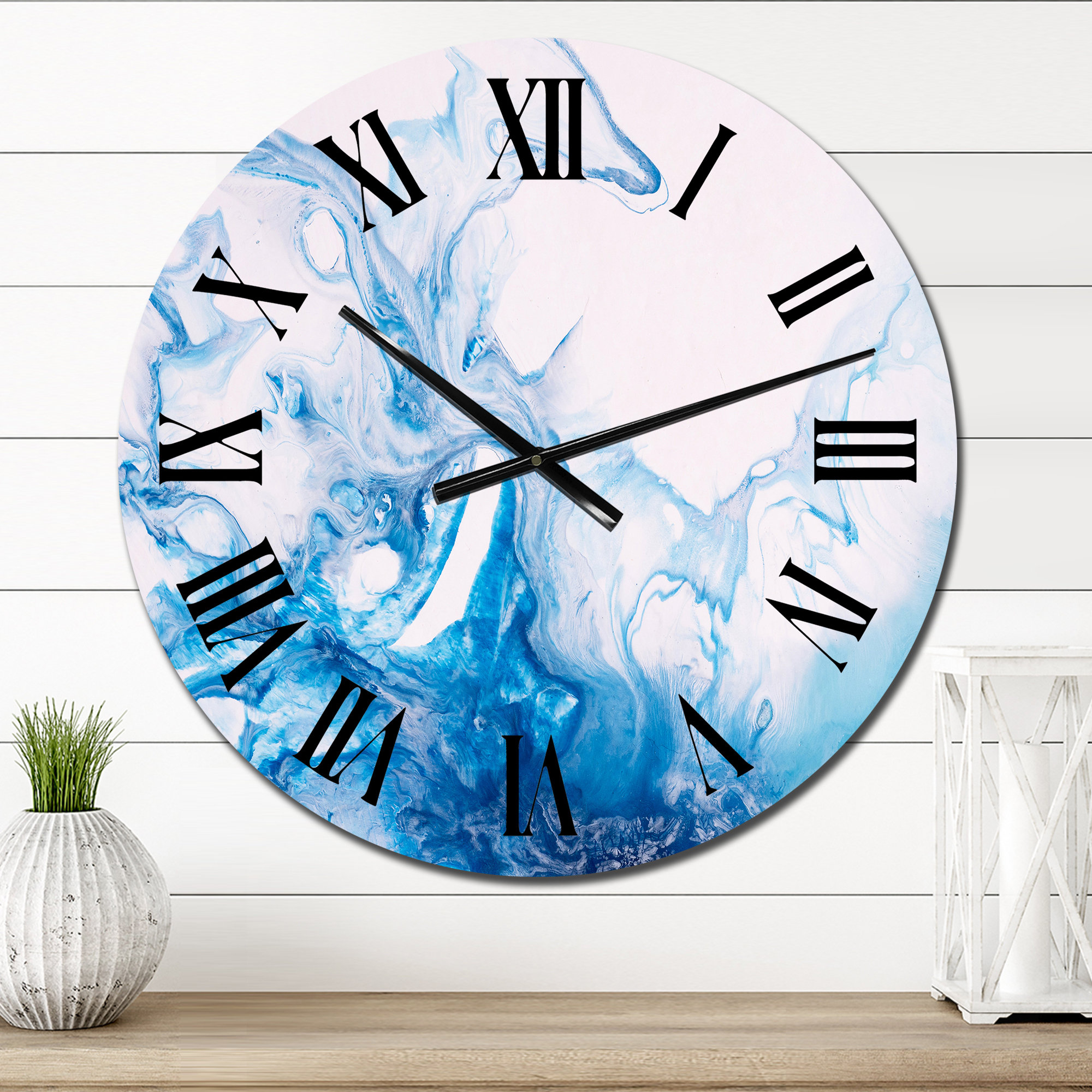East Urban Home Light Blue ink Liquid Art Ii - Modern Wall Clock | Wayfair