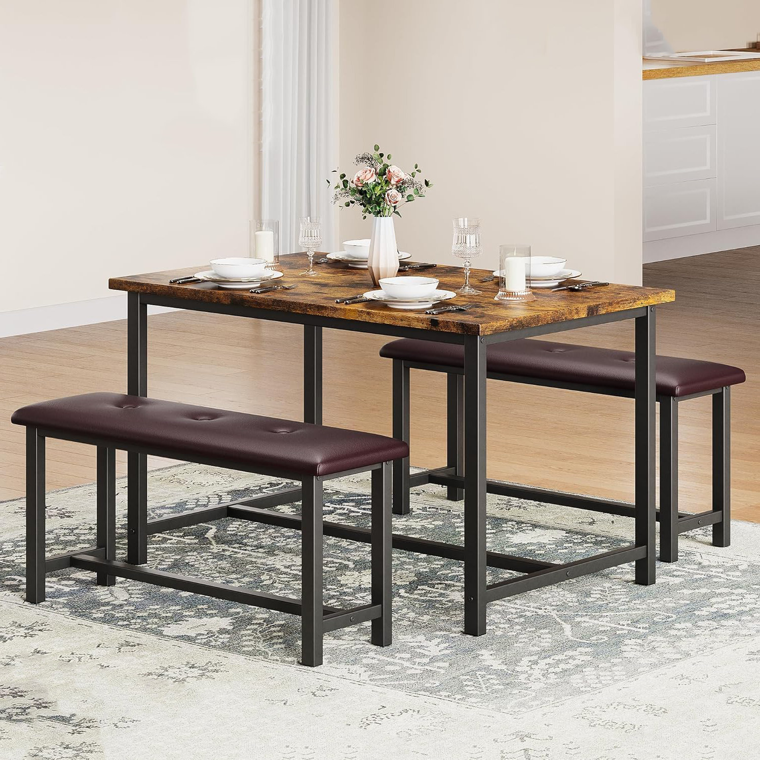 Ebern Designs Dining Table Set For 4 With Upholstered Benches,kitchen ...