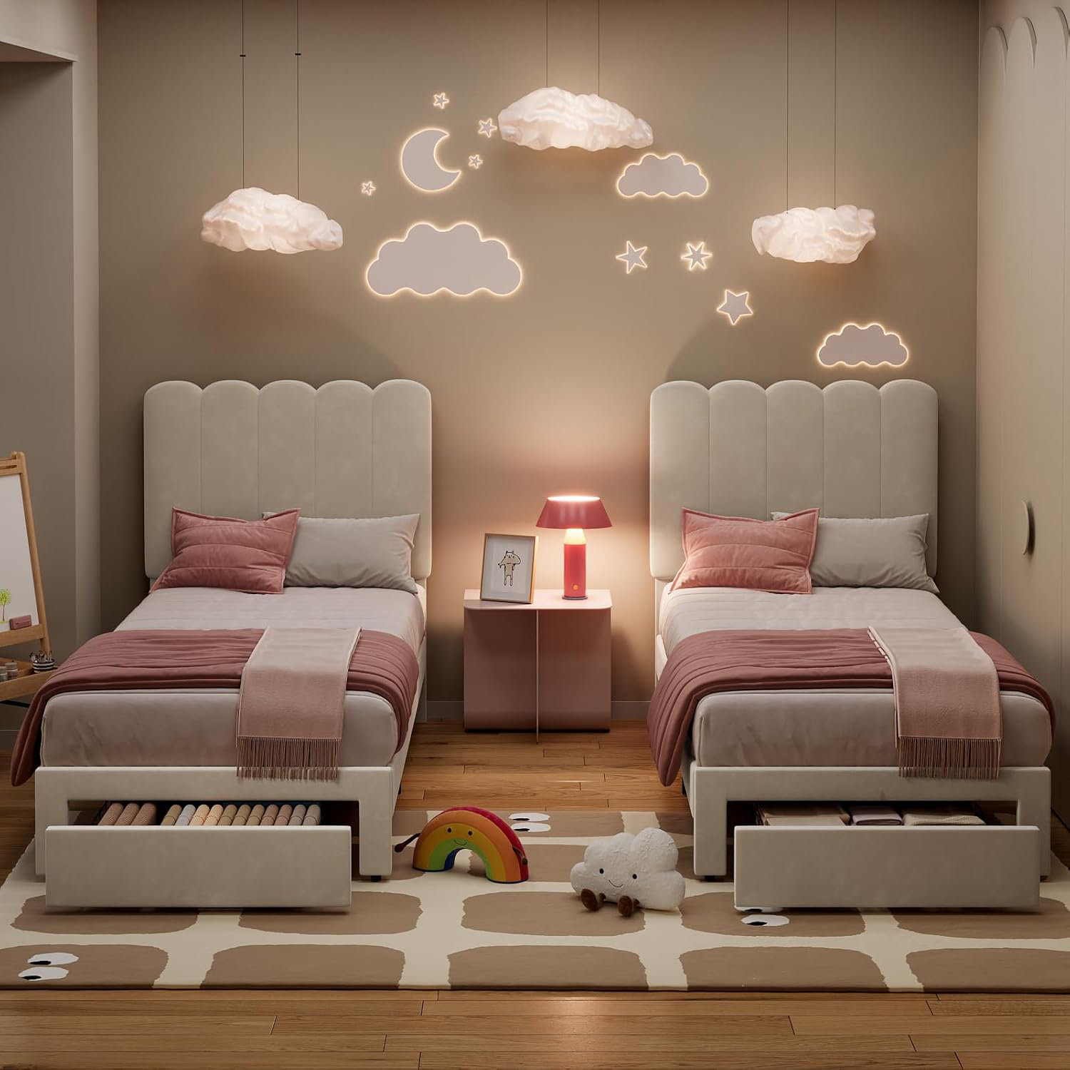 Latitude Run® Two Twin Size Upholstered Platform Beds with Wave ...