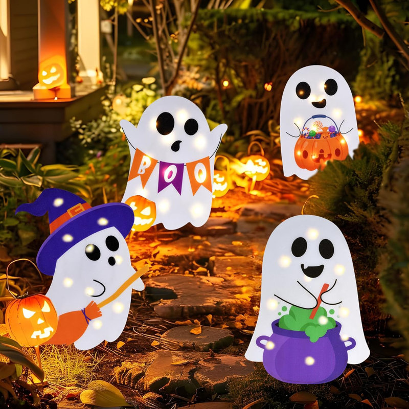 The Holiday Aisle® Lighted Cute Ghost Yard Signs, 4 PCS Halloween ...