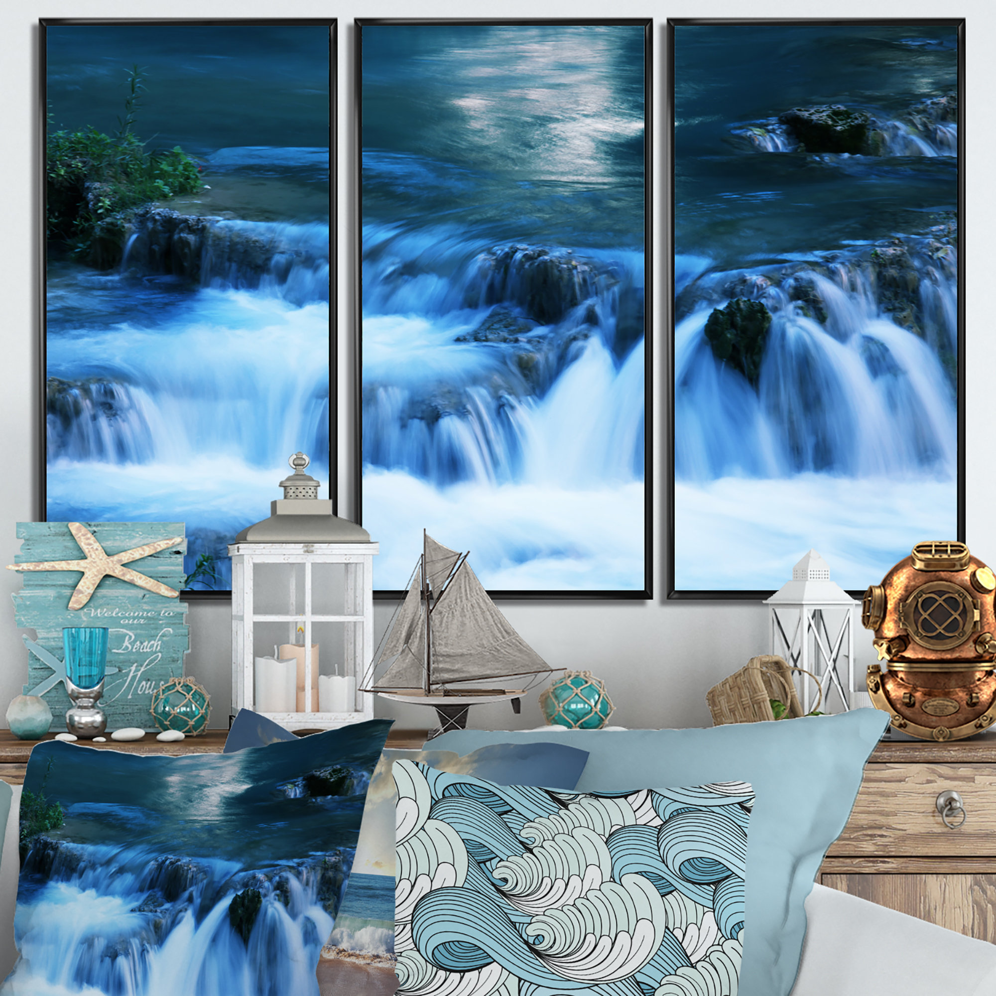Ebern Designs Beautiful Small Blue Waterfalls - Landscape Framed Canvas ...