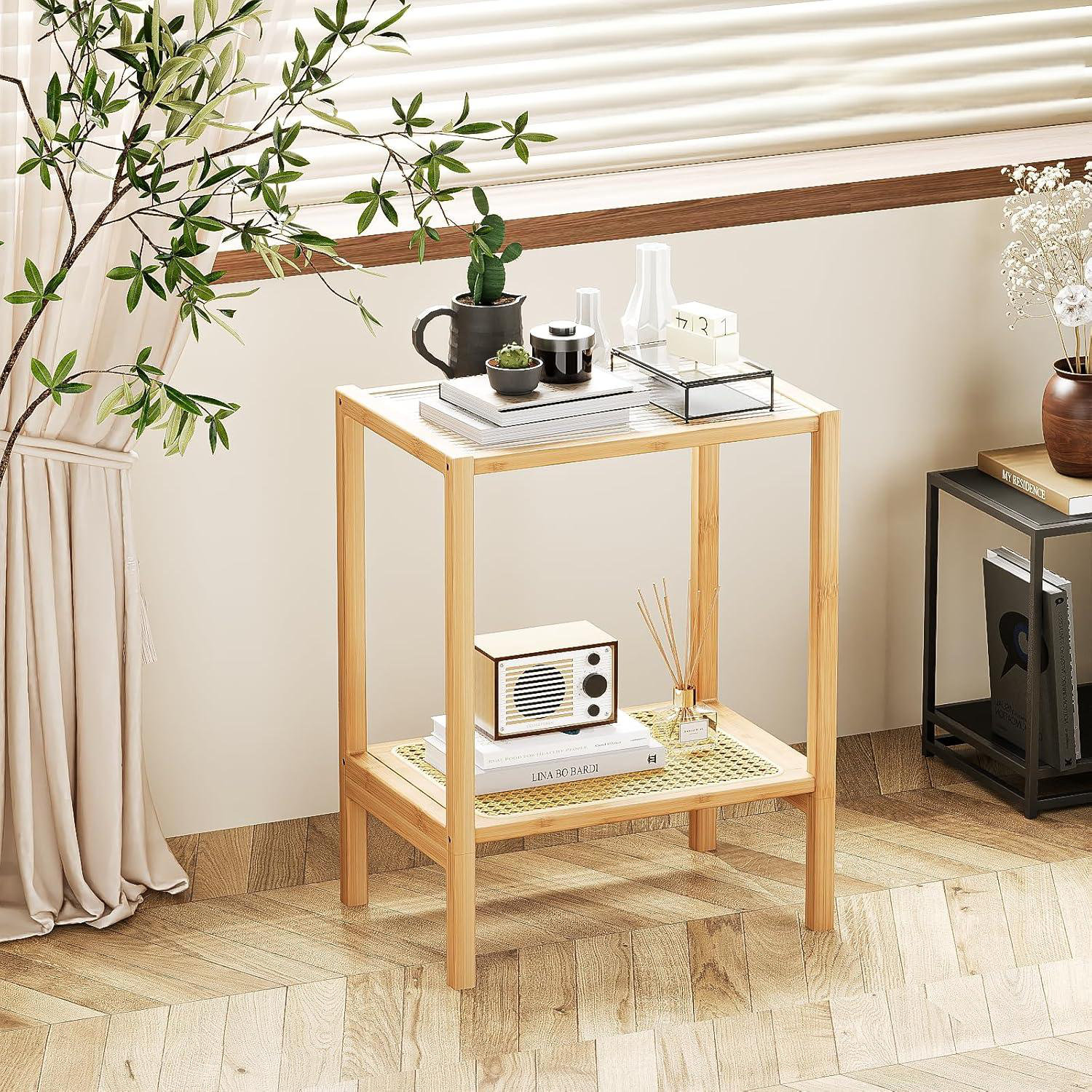 Bay Isle Home™ Side Table Nature Rattan Night Stand Glass End Table 2 ...