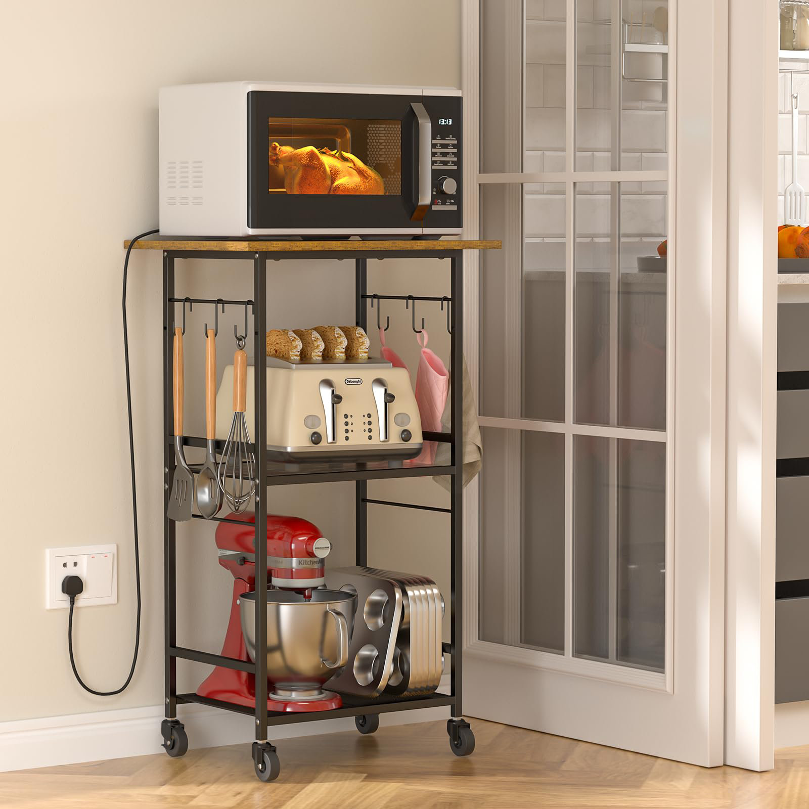 17 Stories Rolling Kitchen Microwave Cart, 3 Tier Microwave Table Stand ...