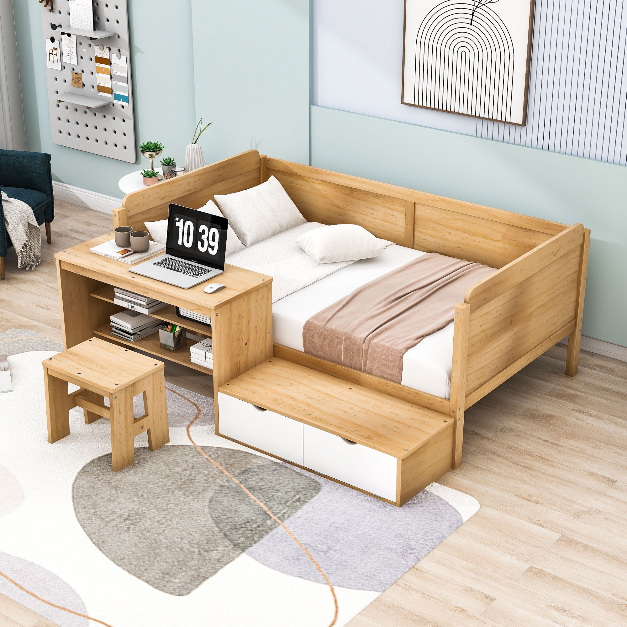 Lark Manor™ Habsa Twin Wooden Daybed with Desk and Matching Stool | Wayfair