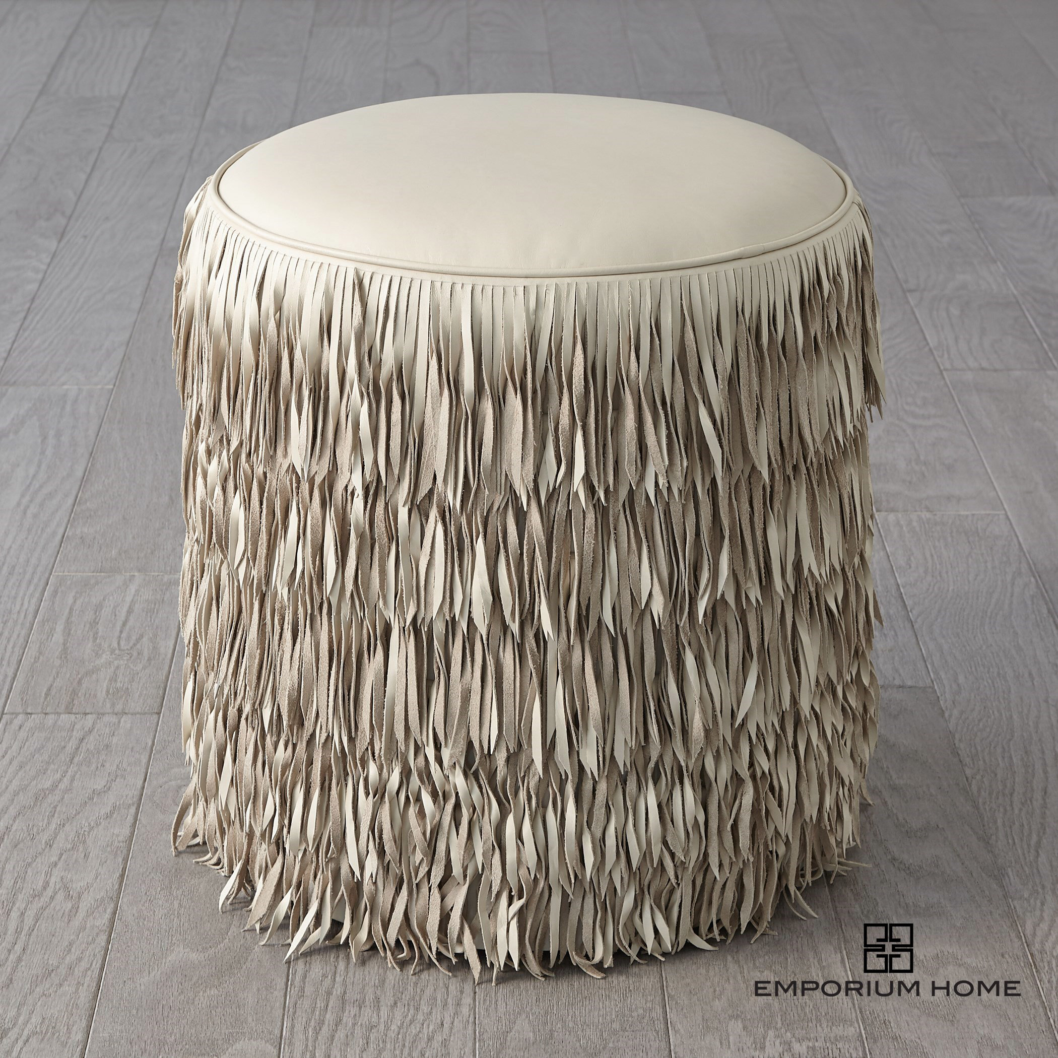Signature III Emporium Home Fringe Ottoman-Light Gray Marble Leather ...