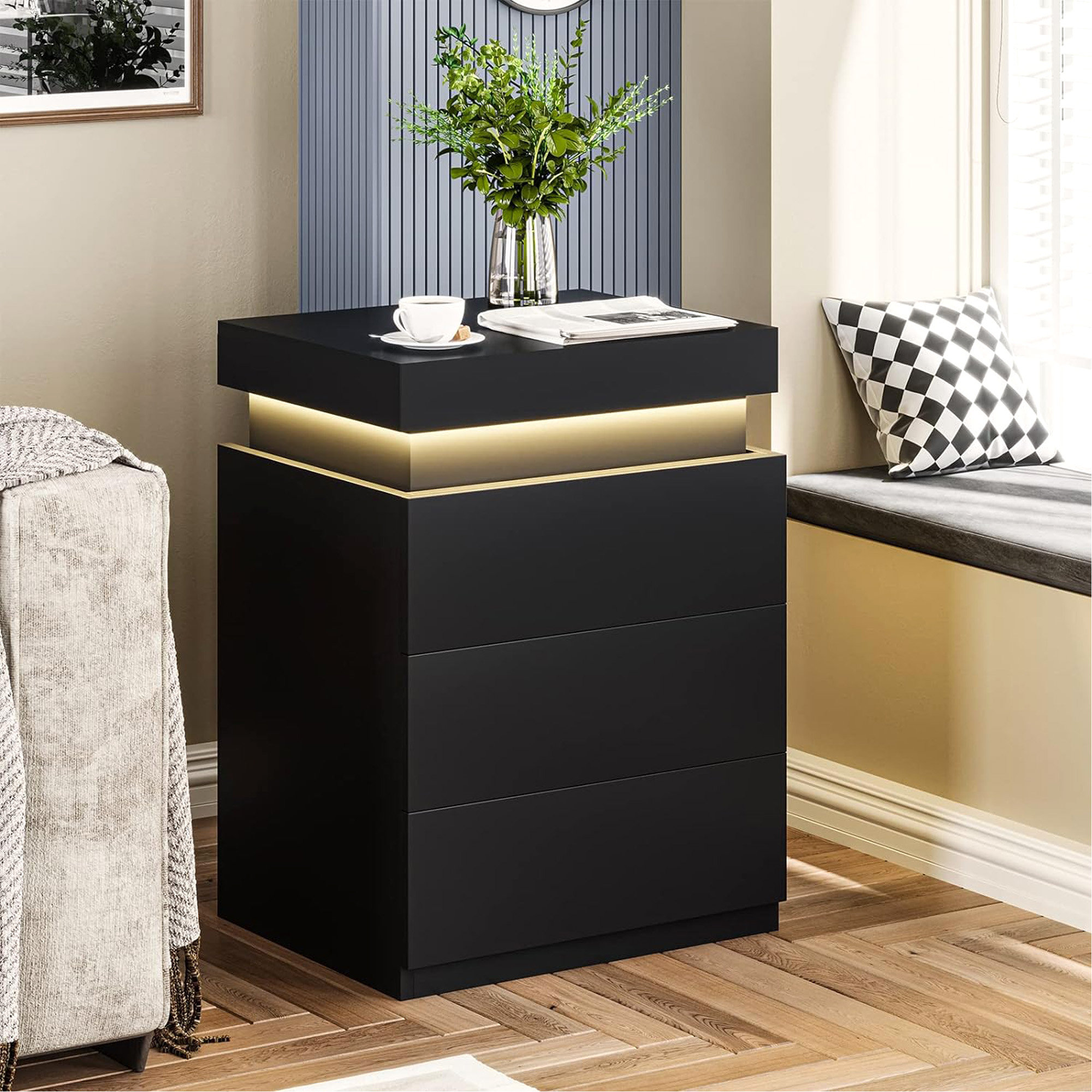 Ivy Bronx Stylish LED Nightstand With Multi-Functional Storage For ...
