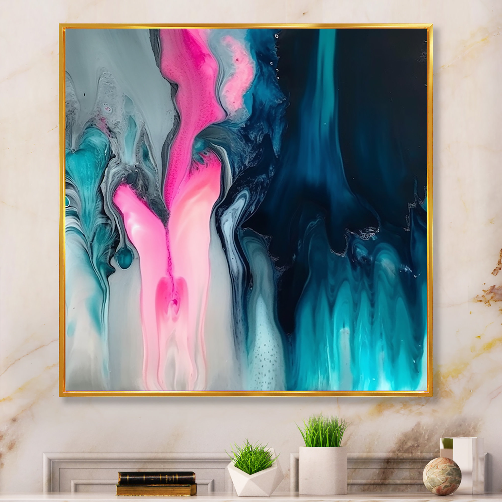 Ivy Bronx Denzal Blue and Pink Liquid Drip - Abstract Canvas Wall Art ...
