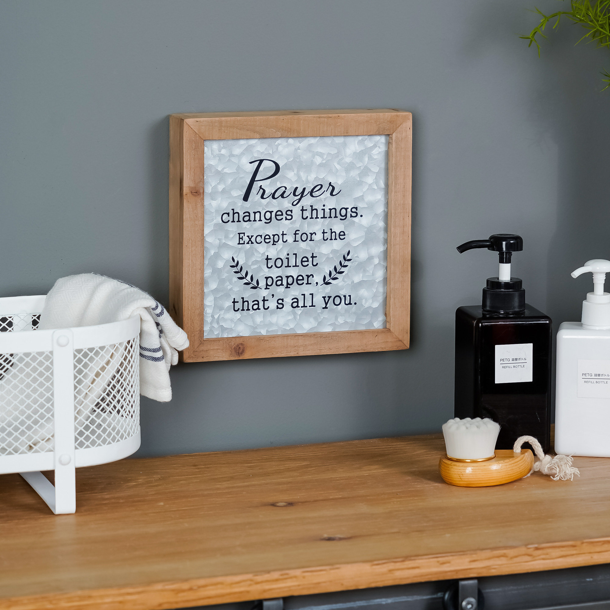 Trinx Prayer Changes Things Sign Wood Framed Galvanized Metal Wall ...