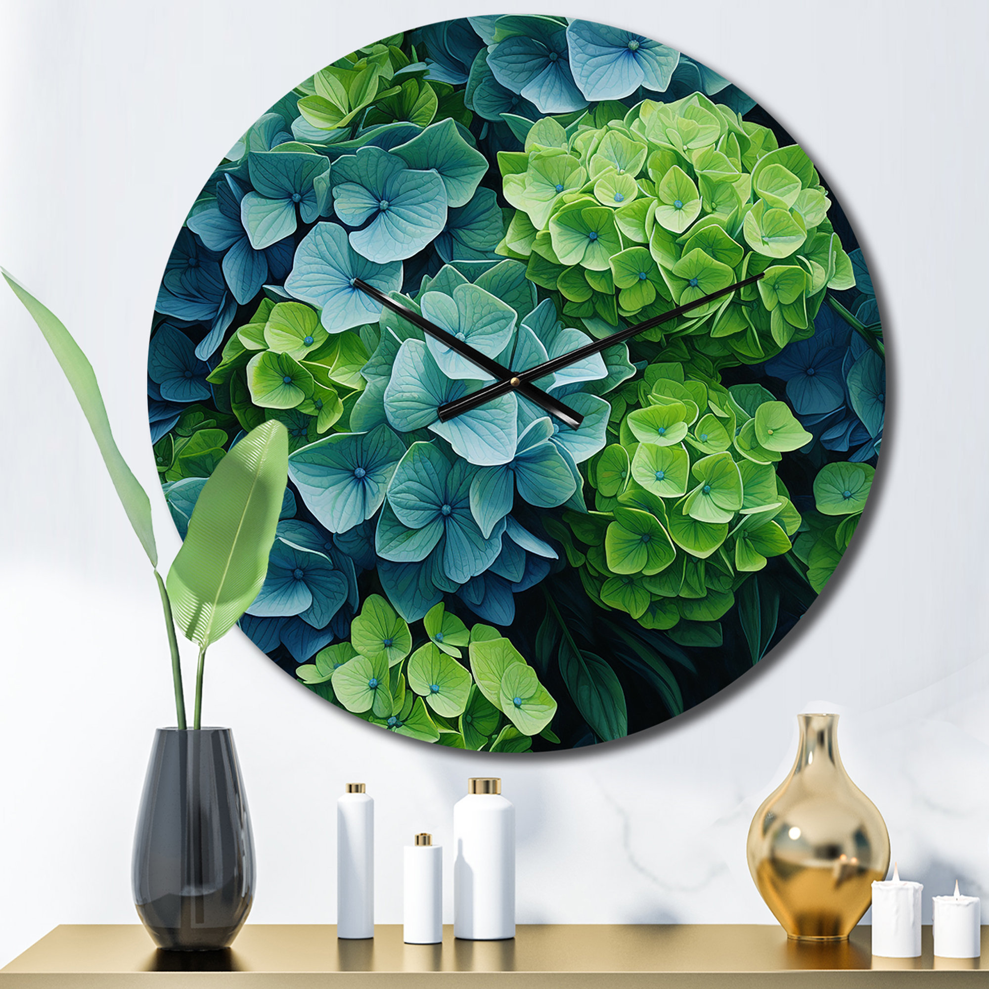 East Urban Home Green Blue Hydrangea Emerald Blooms - Floral Wall Clock ...