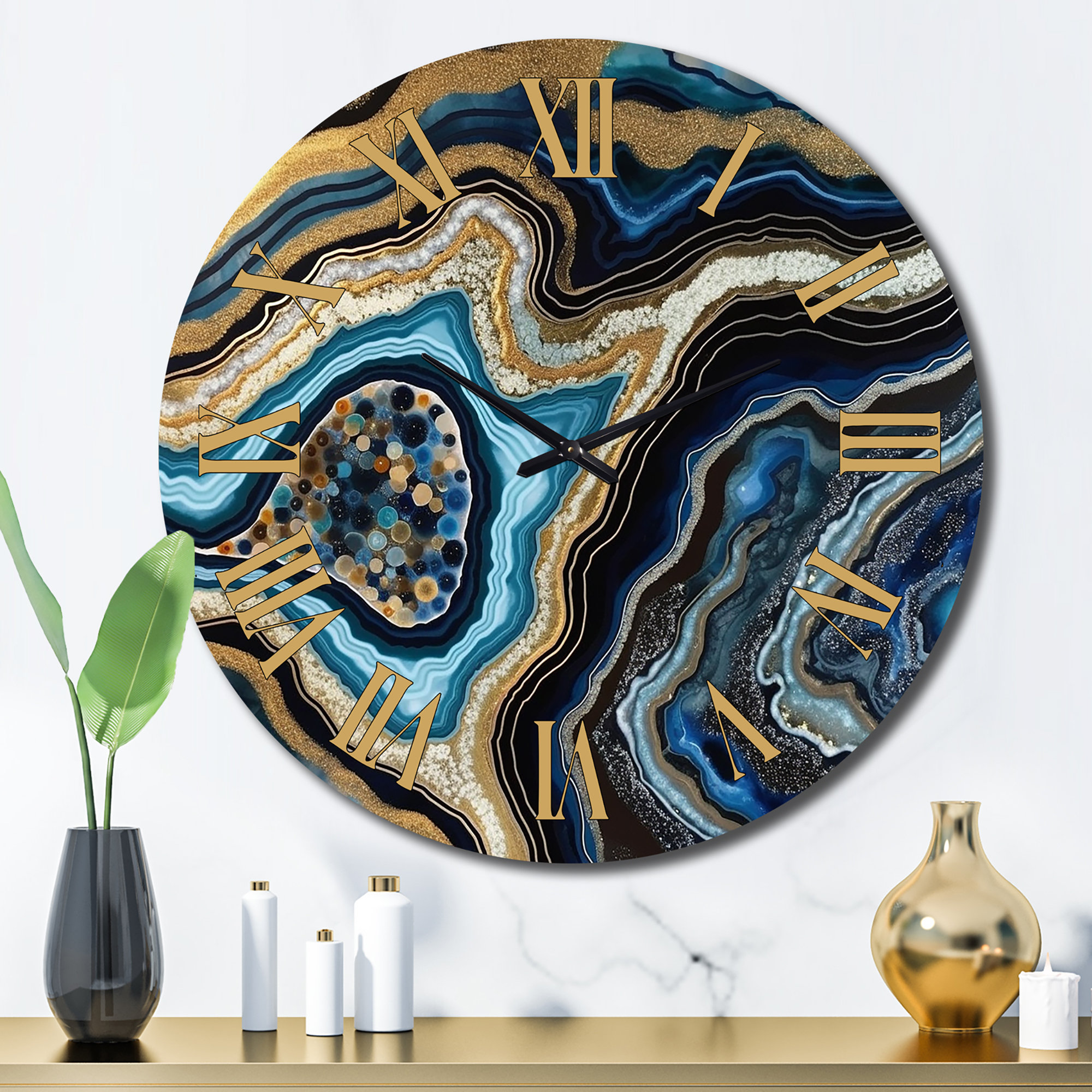 Design Art Gold Blue Geode Gems - Stone Geode Wall Clock - Wayfair Canada