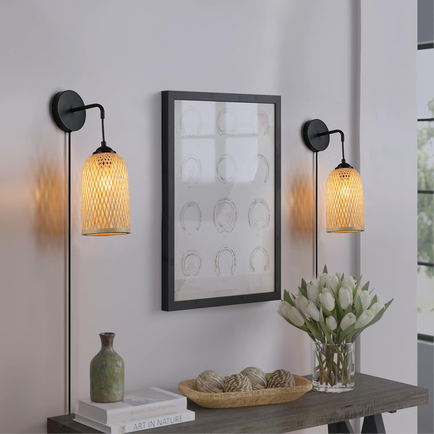 Bayou Breeze Wicker Wall Lamps With Switch For Living Room ...