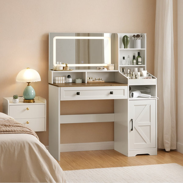 Gracie Oaks White Vanity Desk With Mirror And Lights, Farmhouse Vanity ...