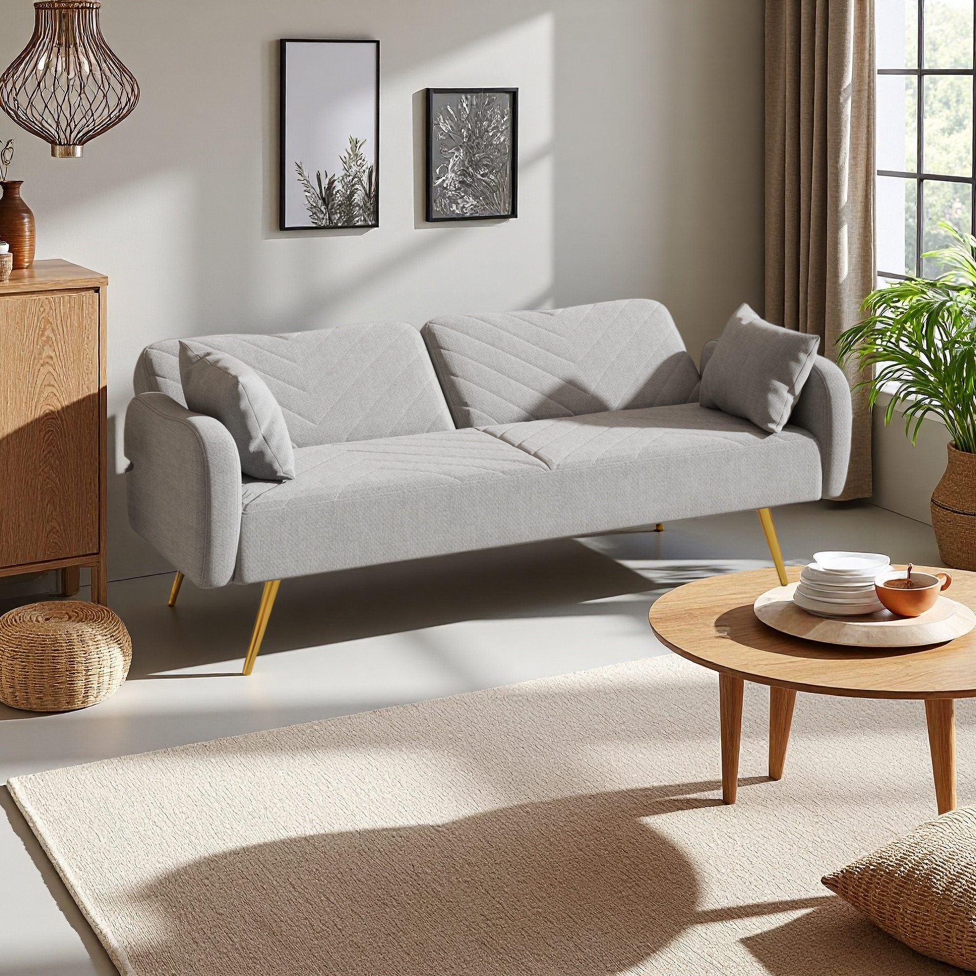 Mercer41 70.47" Fabric Double Sofa With Split Backrest And Two Throw ...