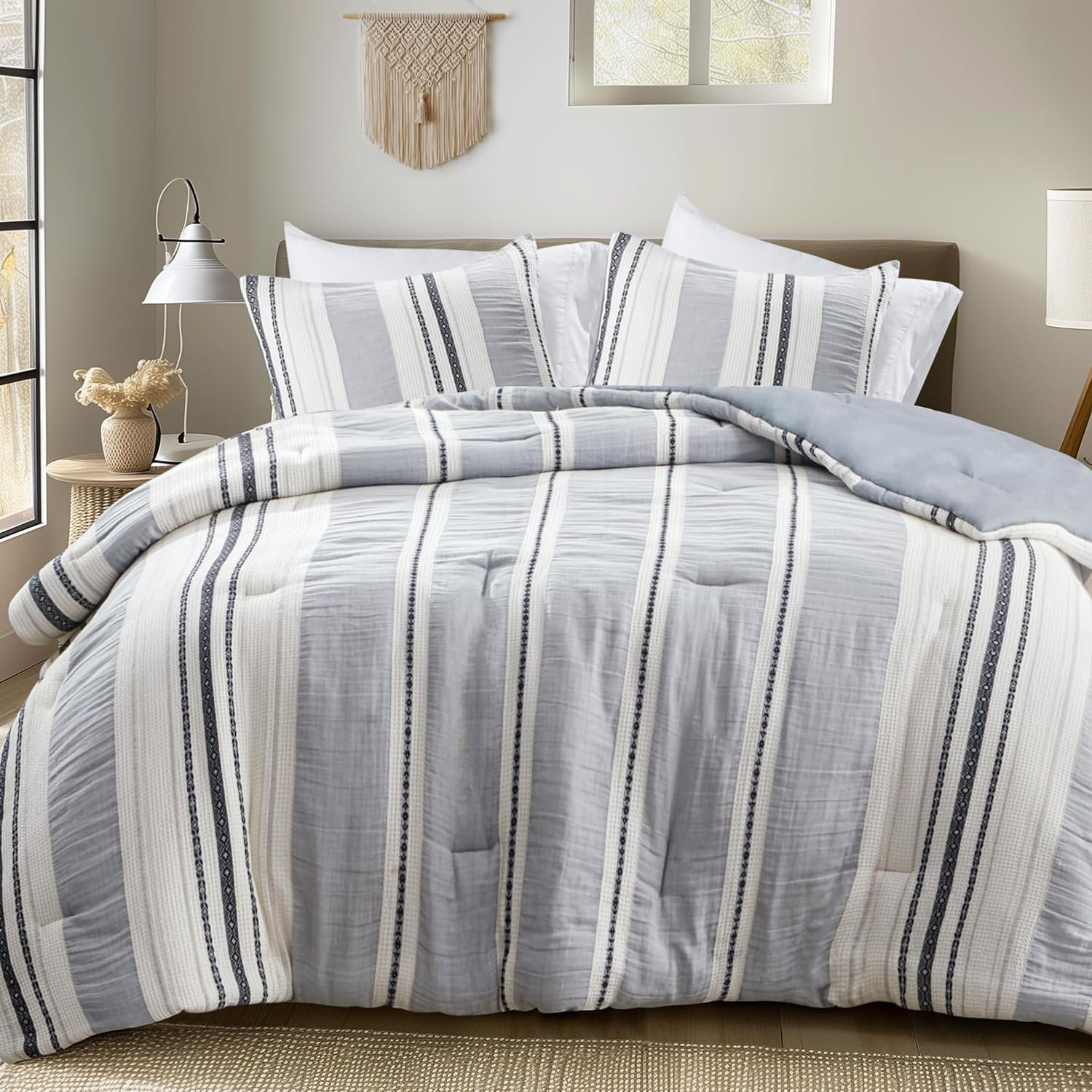 CoastalCart Neutral Farmhouse Bedding Set, 3 Pieces Blue Comforter Set ...