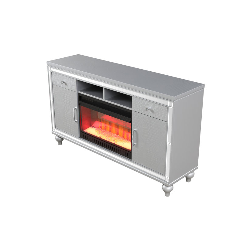 Rosdorf Park TV Stand With Electric Fireplace In Silver | Wayfair