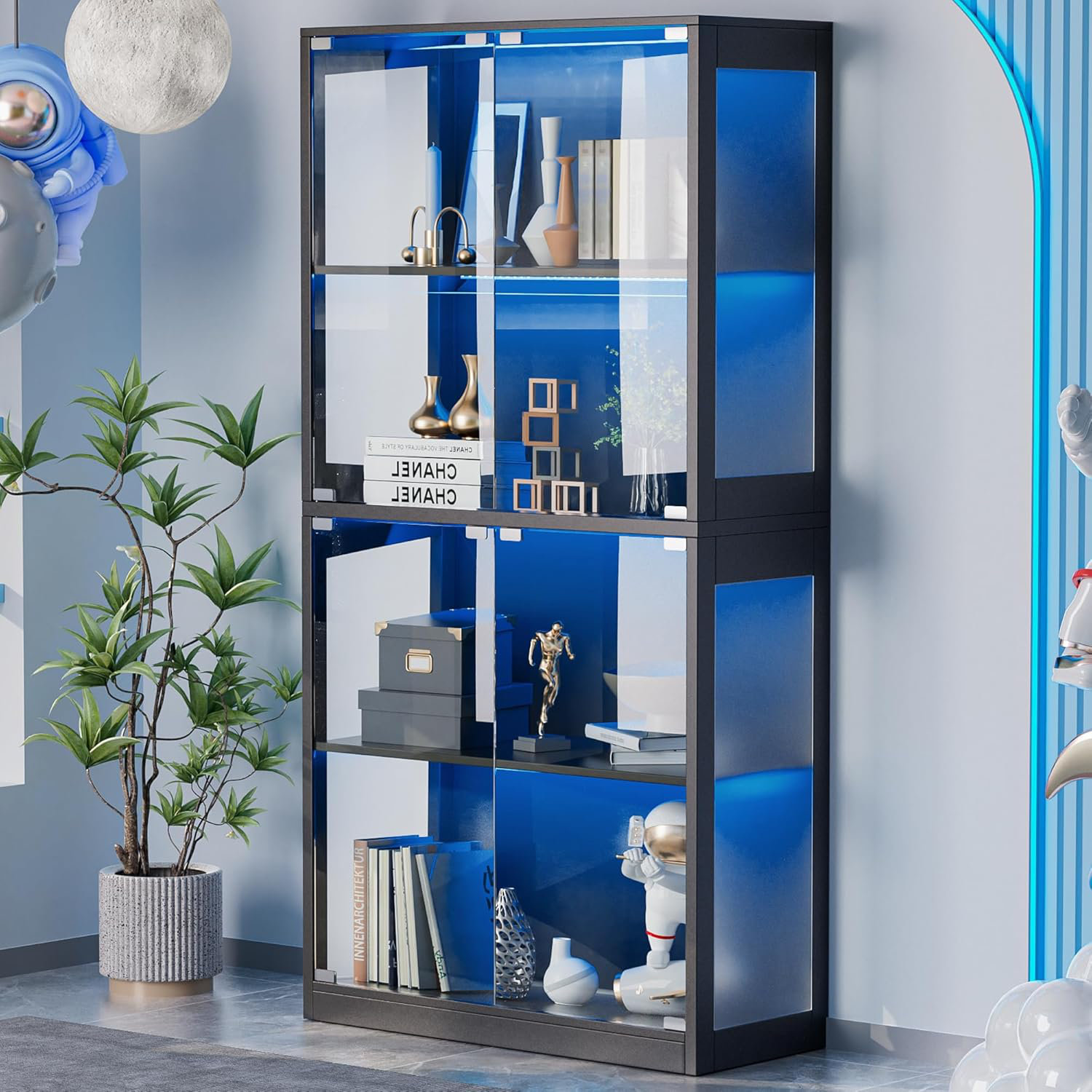 GIODIR 65" Display Cabinet With Glass Doors, 4 Tier Curio Cabinet With ...