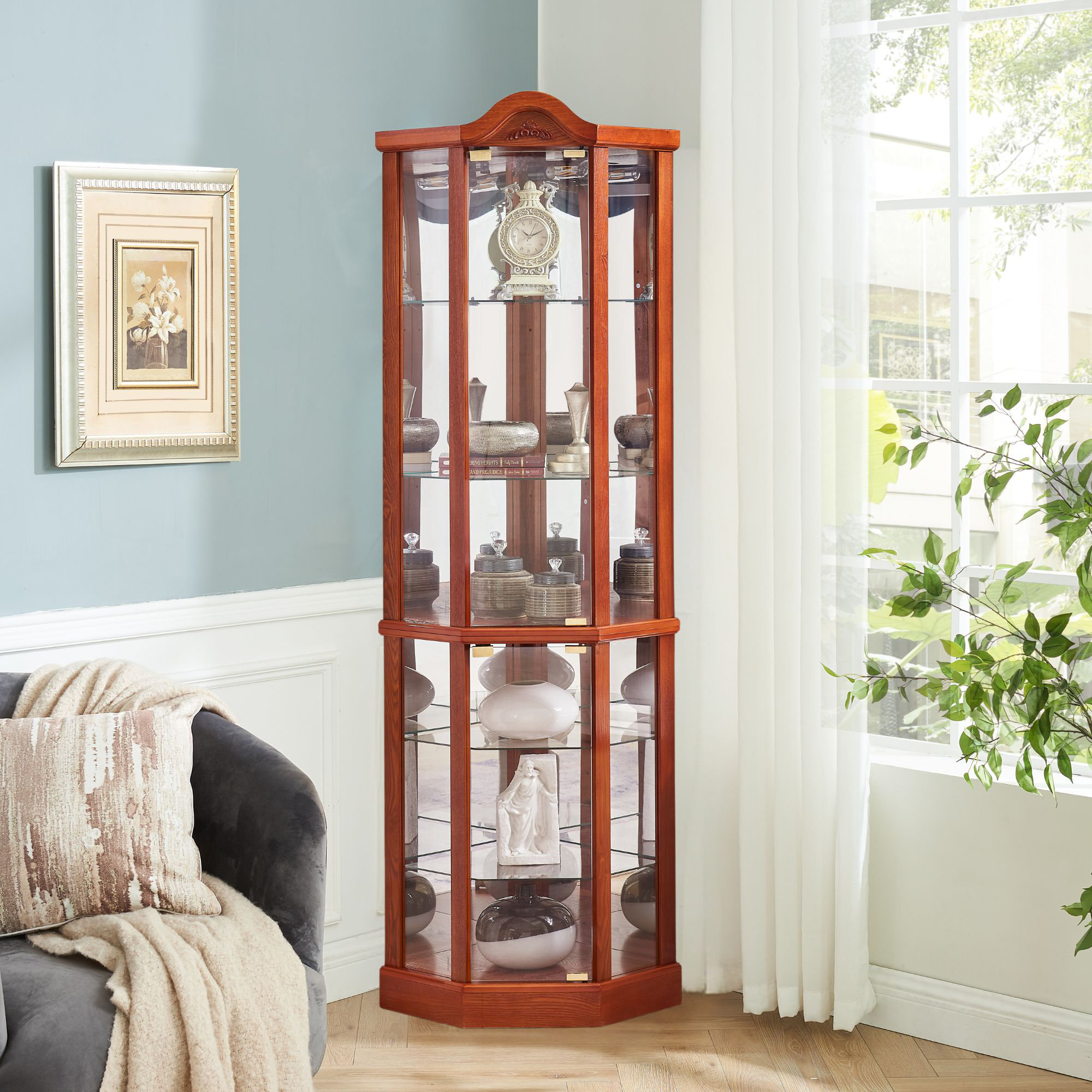 Winston Porter Mid-Century Glass Corner Display Cabinet With Light ...