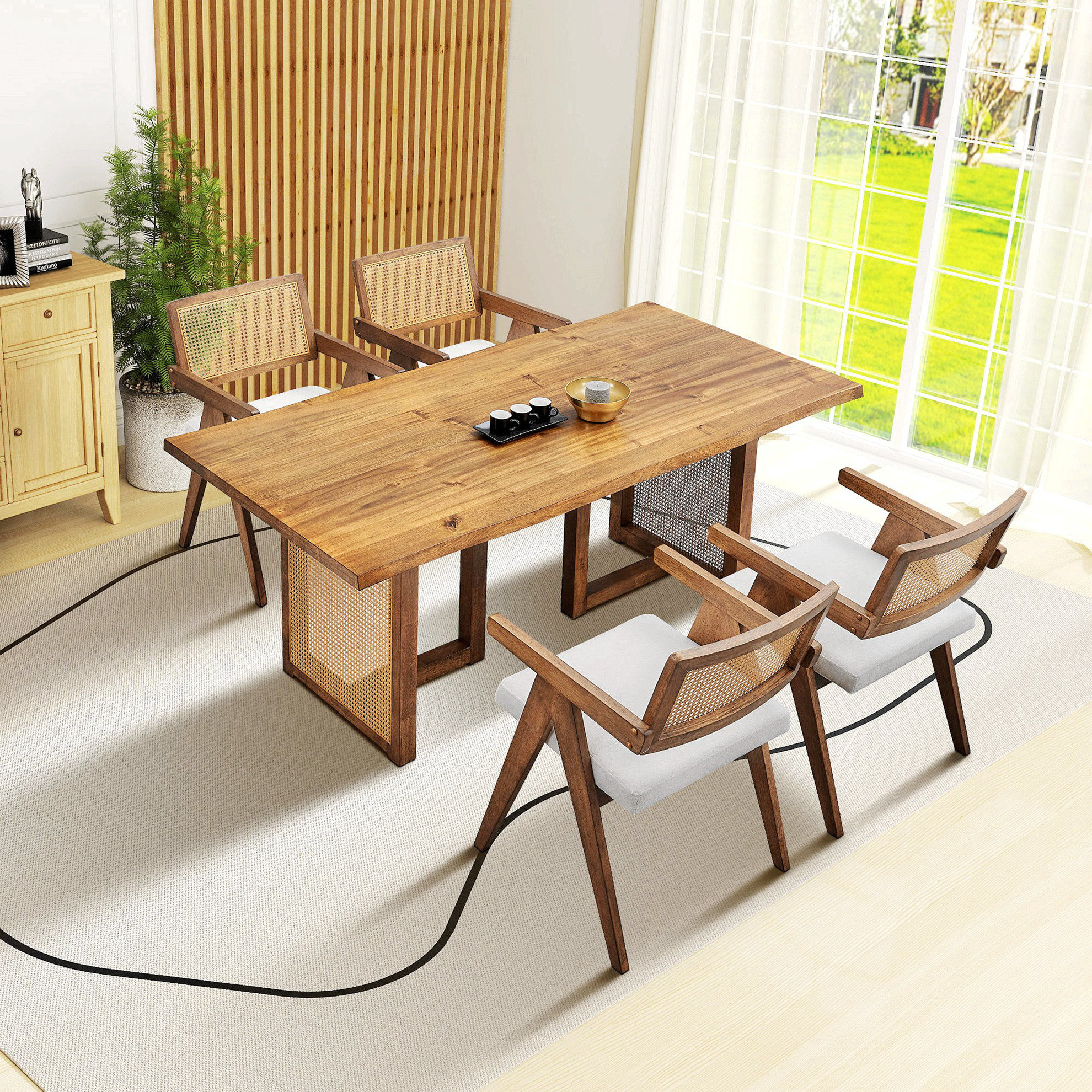 Bayou Breeze 70.87 Inch Large Rectangular Waves Dining Table Set,5 PCS Wooden Dining Table And ...