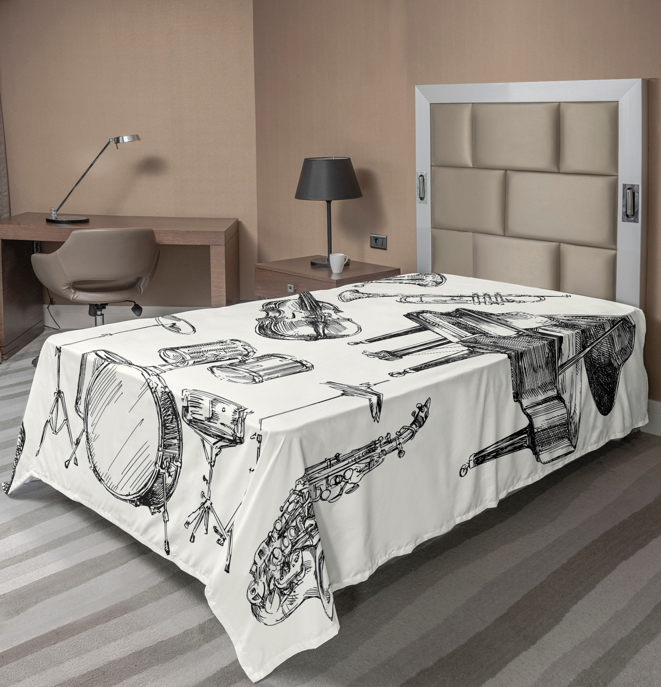 Ambesonne Beige Black Top Flat Sheet Musical Instruments Full Beige ...