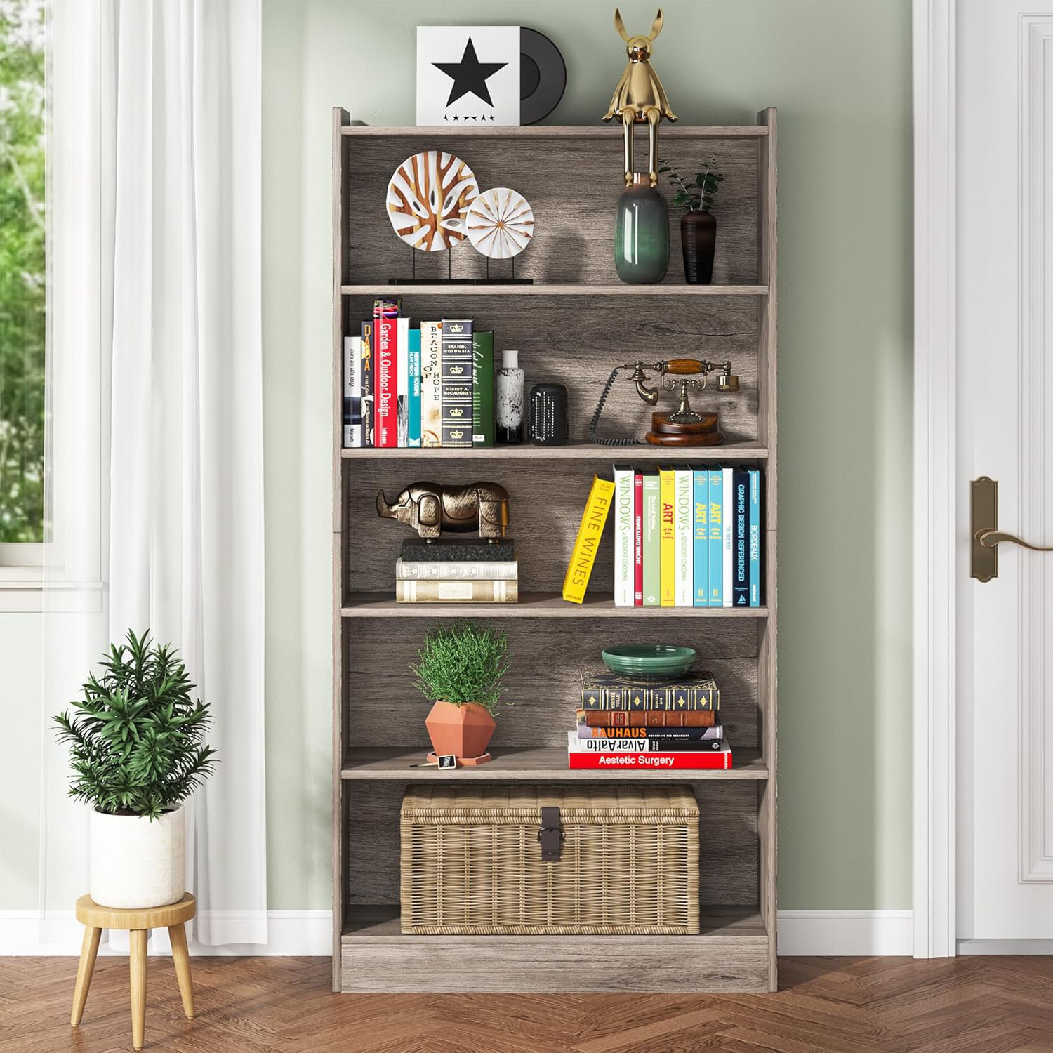 Latitude Run® 72 Inch High Bookcase, Modern 6 Shelves White Library ...