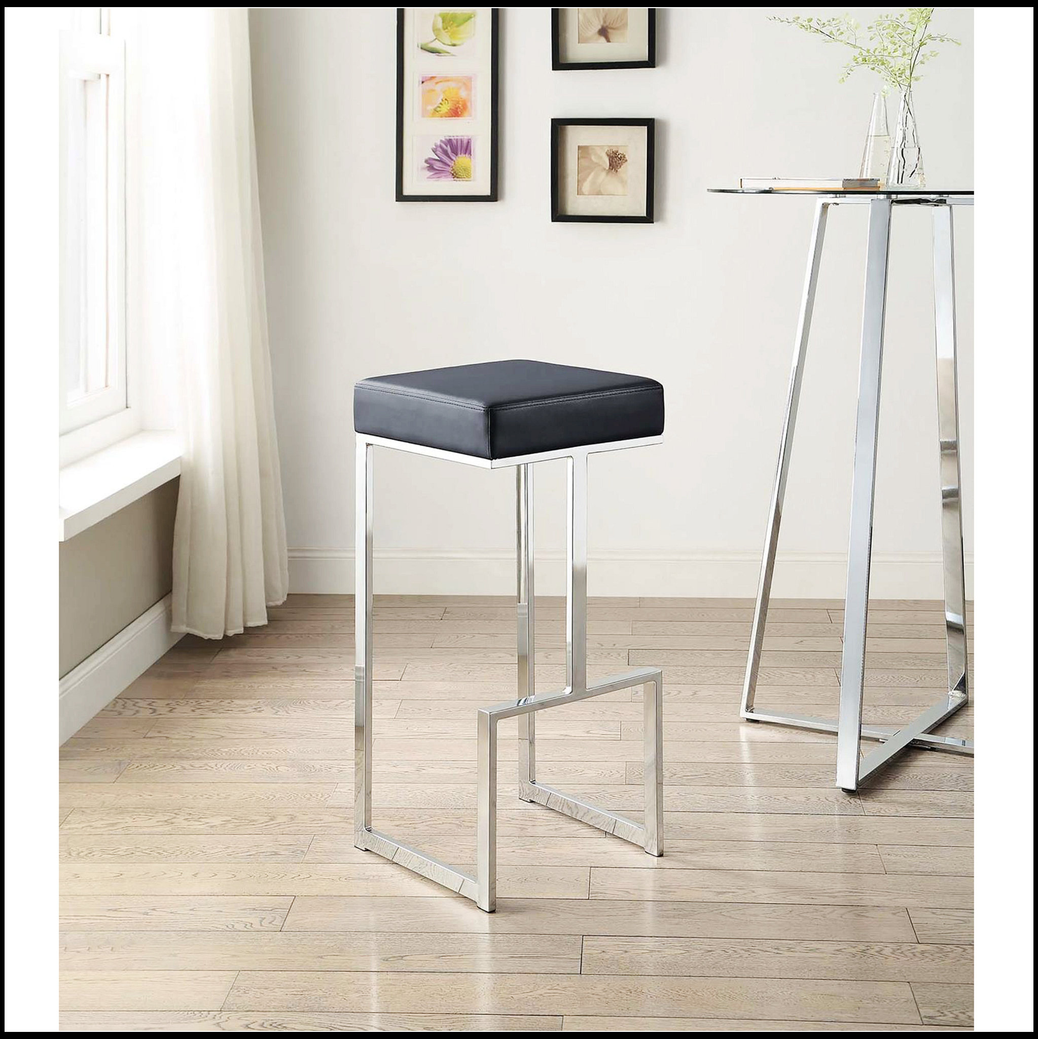 Ivy Bronx Modern Black and Chrome Upholstered Bar Stool with Padded ...