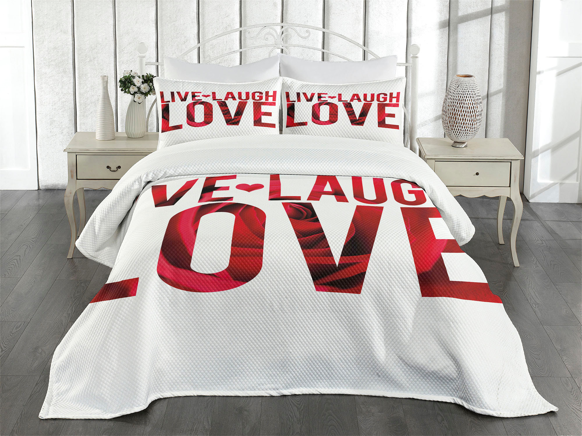 Ambesonne Live Laugh Love Bedspread Set Rose Petals Print Hot Pink Ruby ...