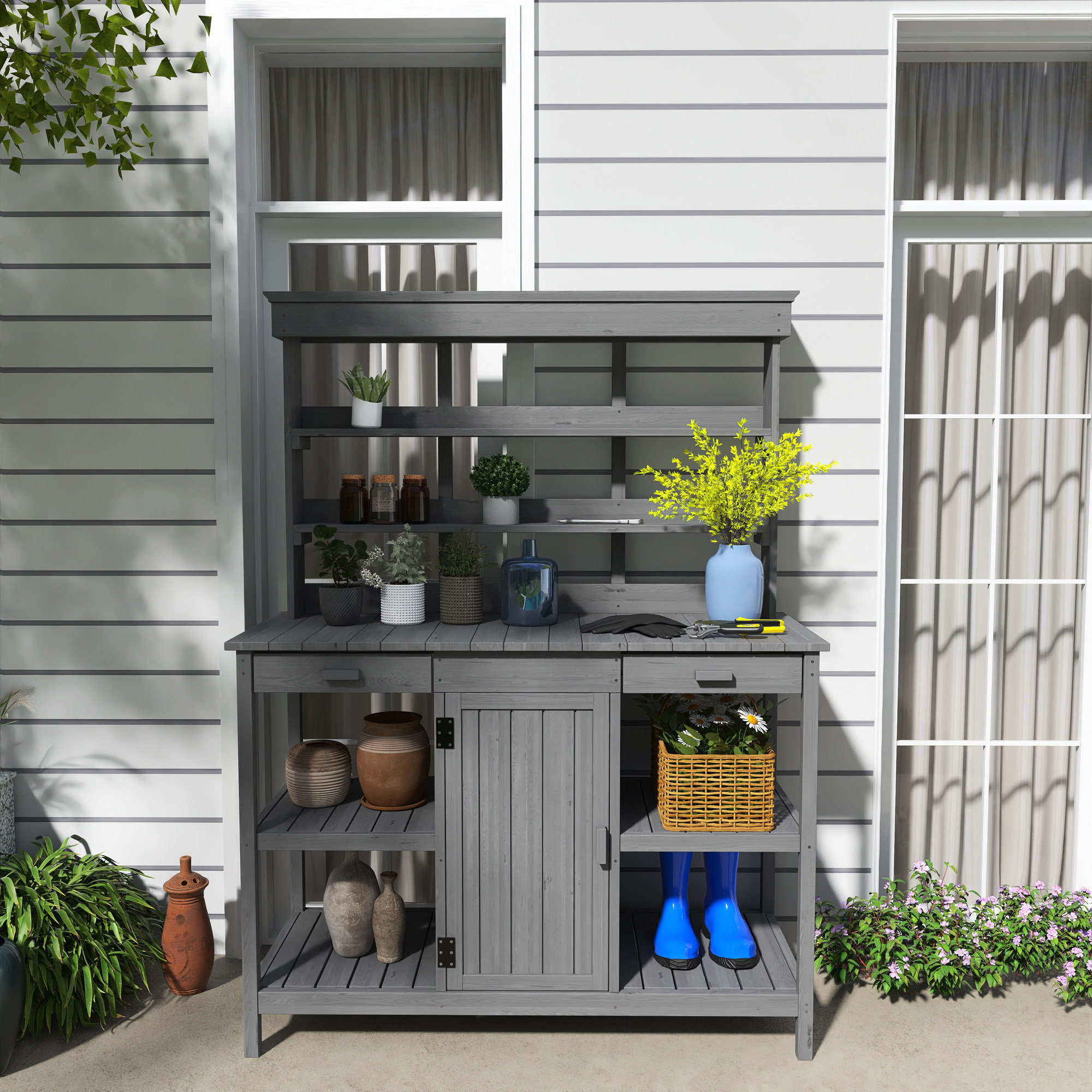 Red Barrel Studio 66" H Fir Wood Potting Bench Table With Drawers ...