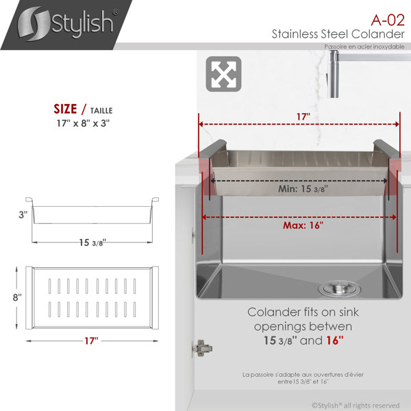 STYLISH Stainless Steel over the Sink Colander for 16" sink opening ...