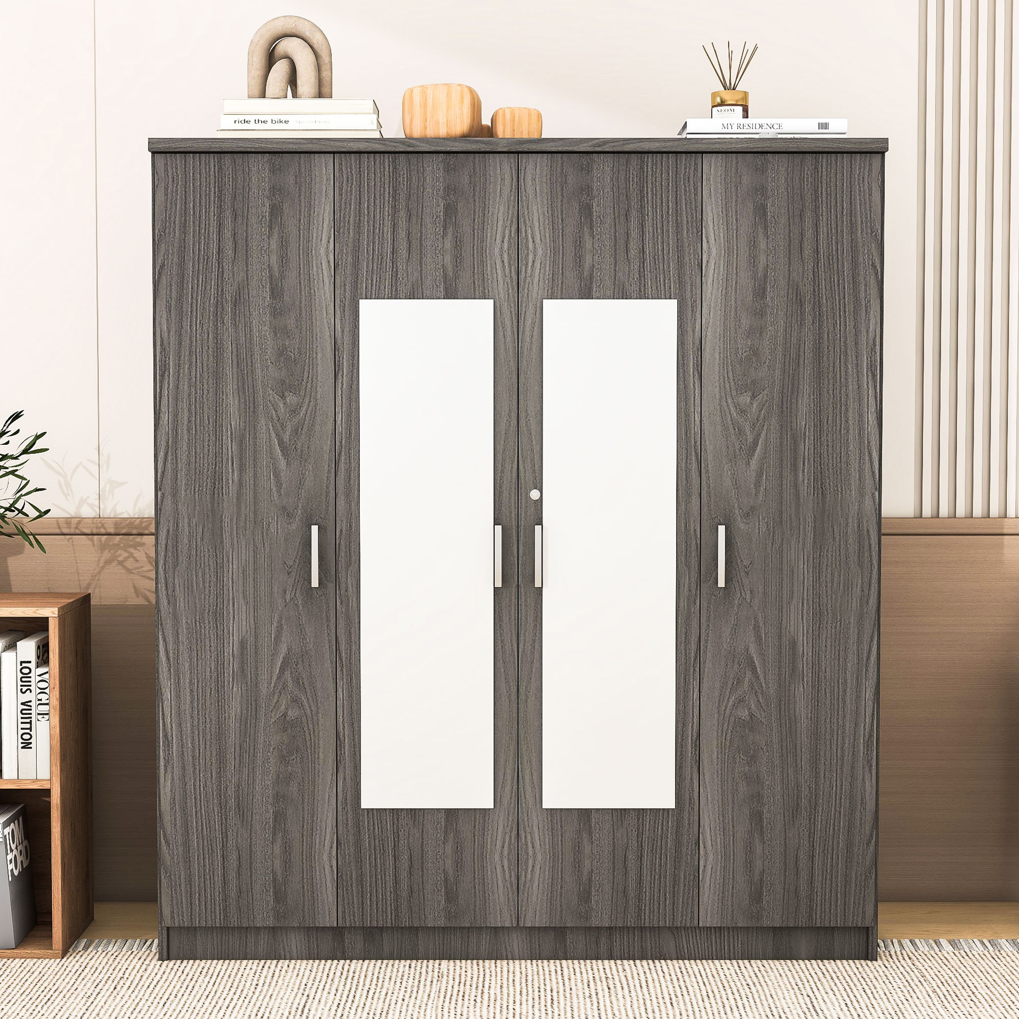 Latitude Run® 4-Door Mirrors Wardrobe with Clothes Rod, Shelves and ...