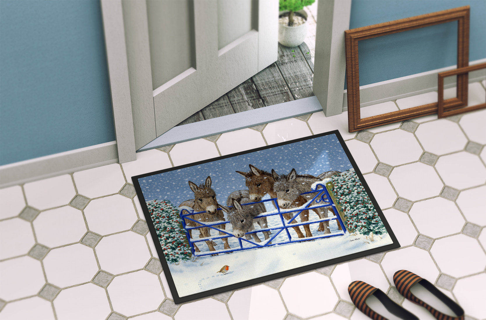 Caroline's Treasures Donkeys and Robin at the Fence Non-Slip Outdoor ...